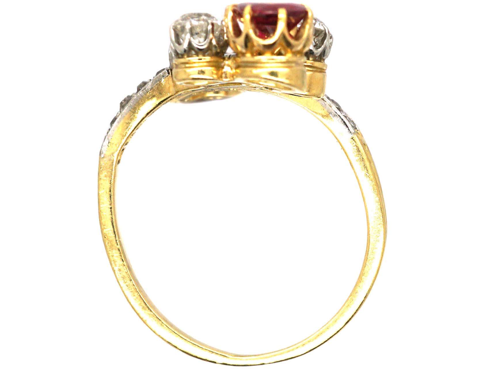 Art Nouveau 18ct Gold & Platinum, Diamond & Ruby Crossover Ring (852S ...
