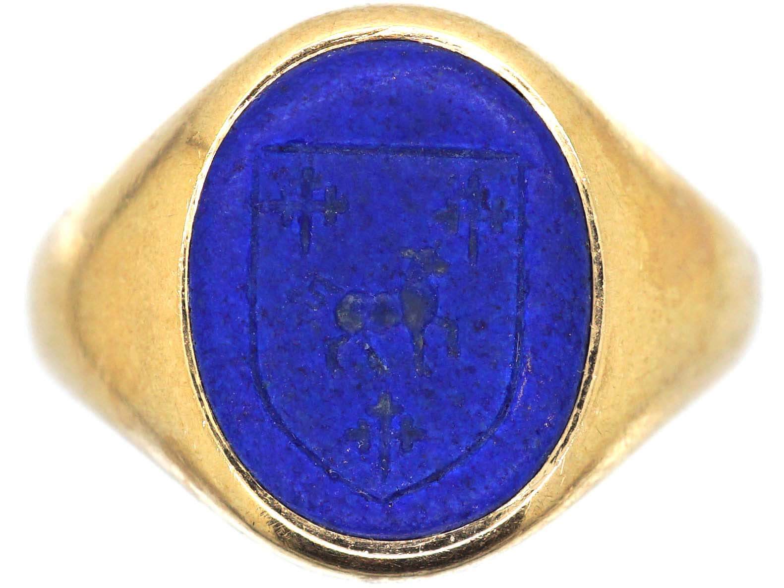 9ct Gold & Lapis Lazuli Signet Ring with Intaglio of a Cow & Crosses ...