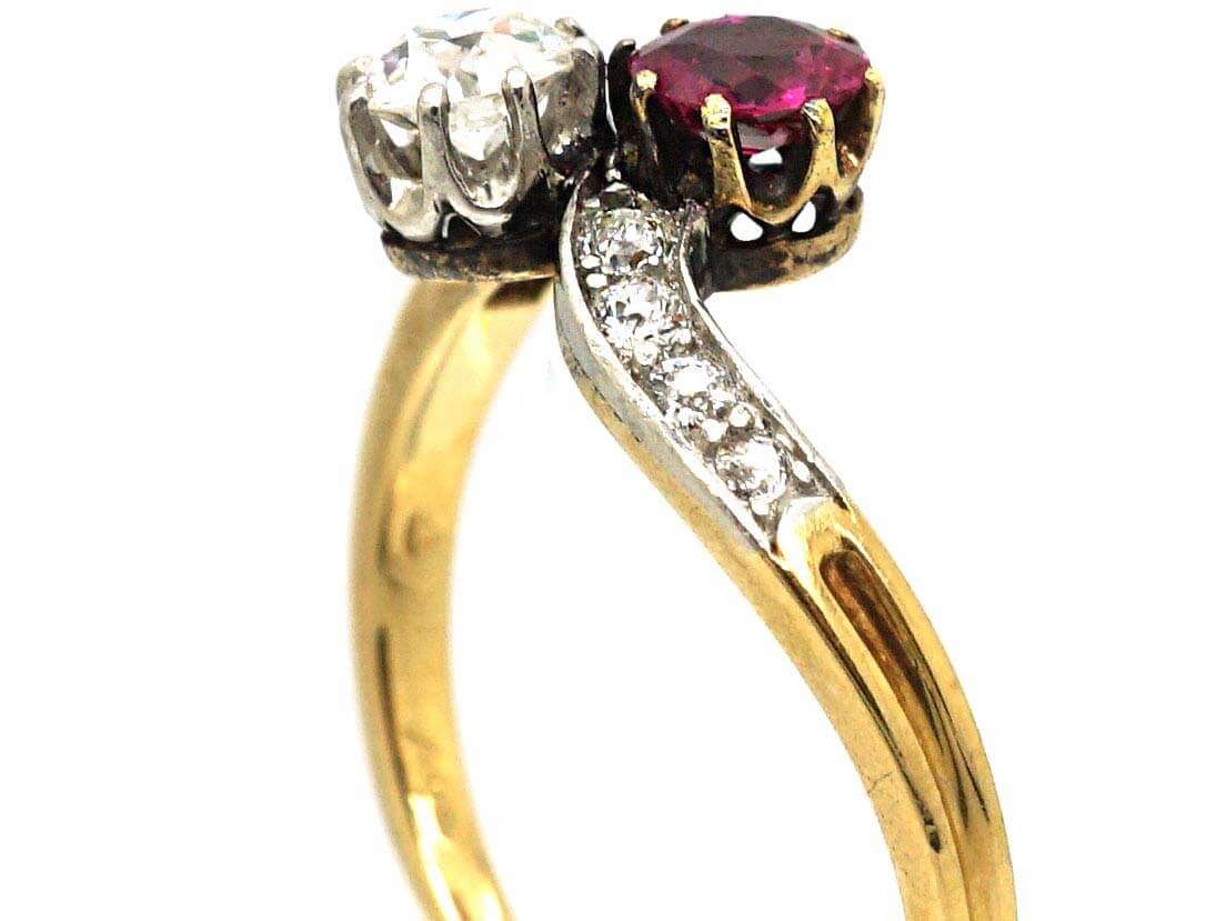 Edwardian 18ct Gold & Platinum, Diamond & Ruby Crossover Ring (847S ...