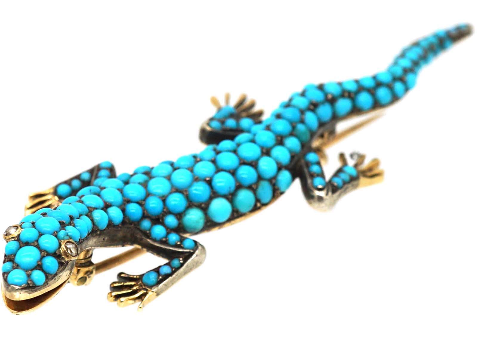Victorian 18ct Gold & Turquoise Lizard Brooch with Rose Diamond Eyes ...