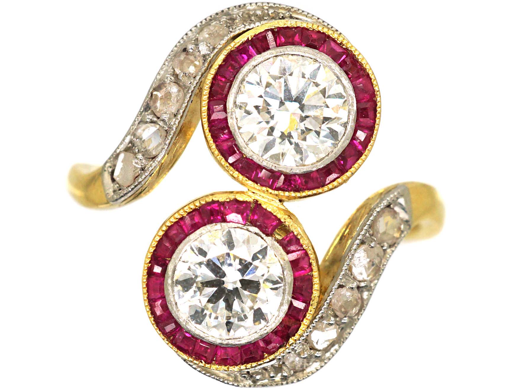 Art Deco 18ct Gold & Platinum, Two Stone Diamond & Ruby Crossover Ring (18T) | The Antique ...