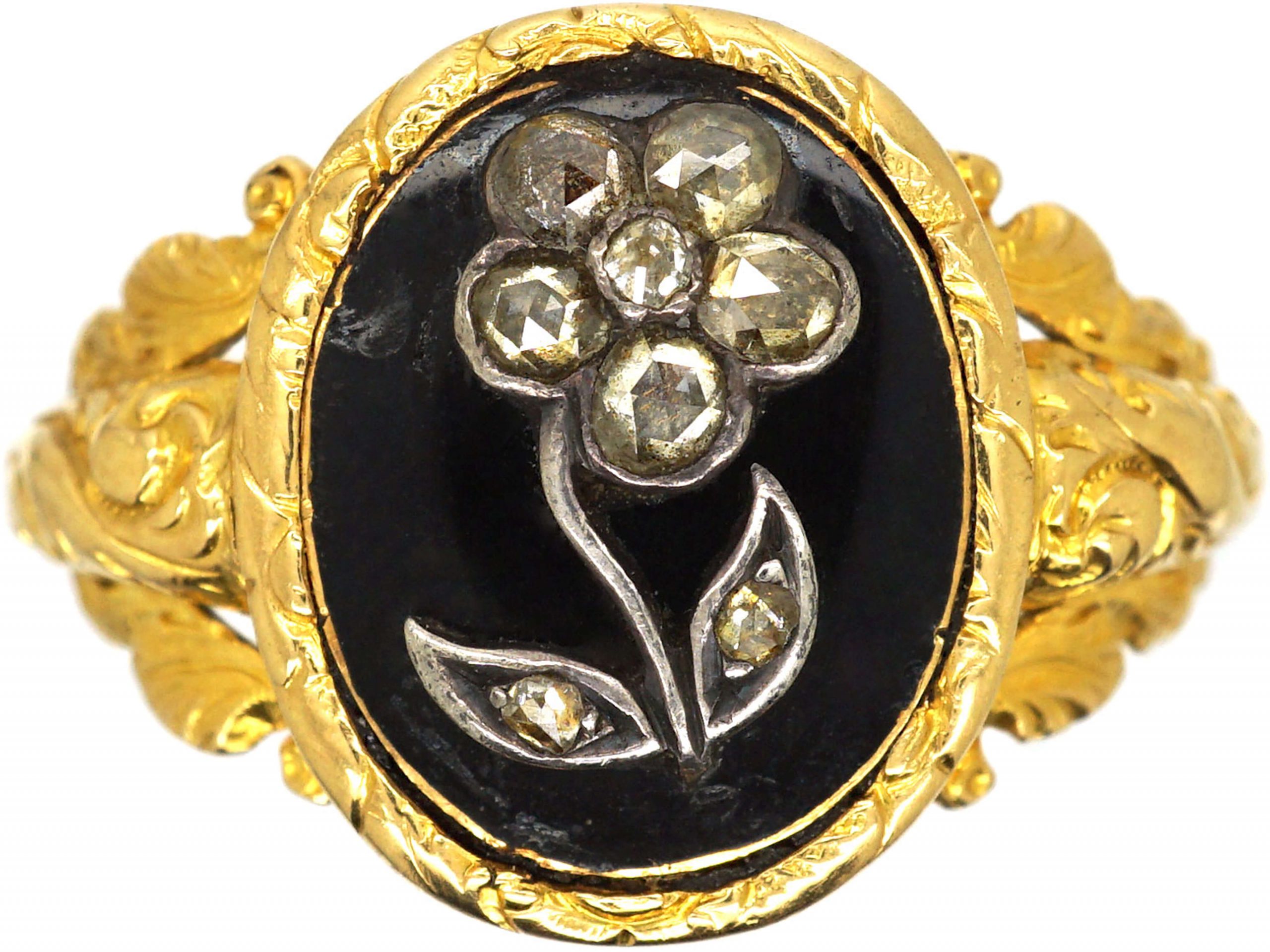 Regency 18ct Gold Mourning Ring with Black Enamel & Rose Diamond Set ...