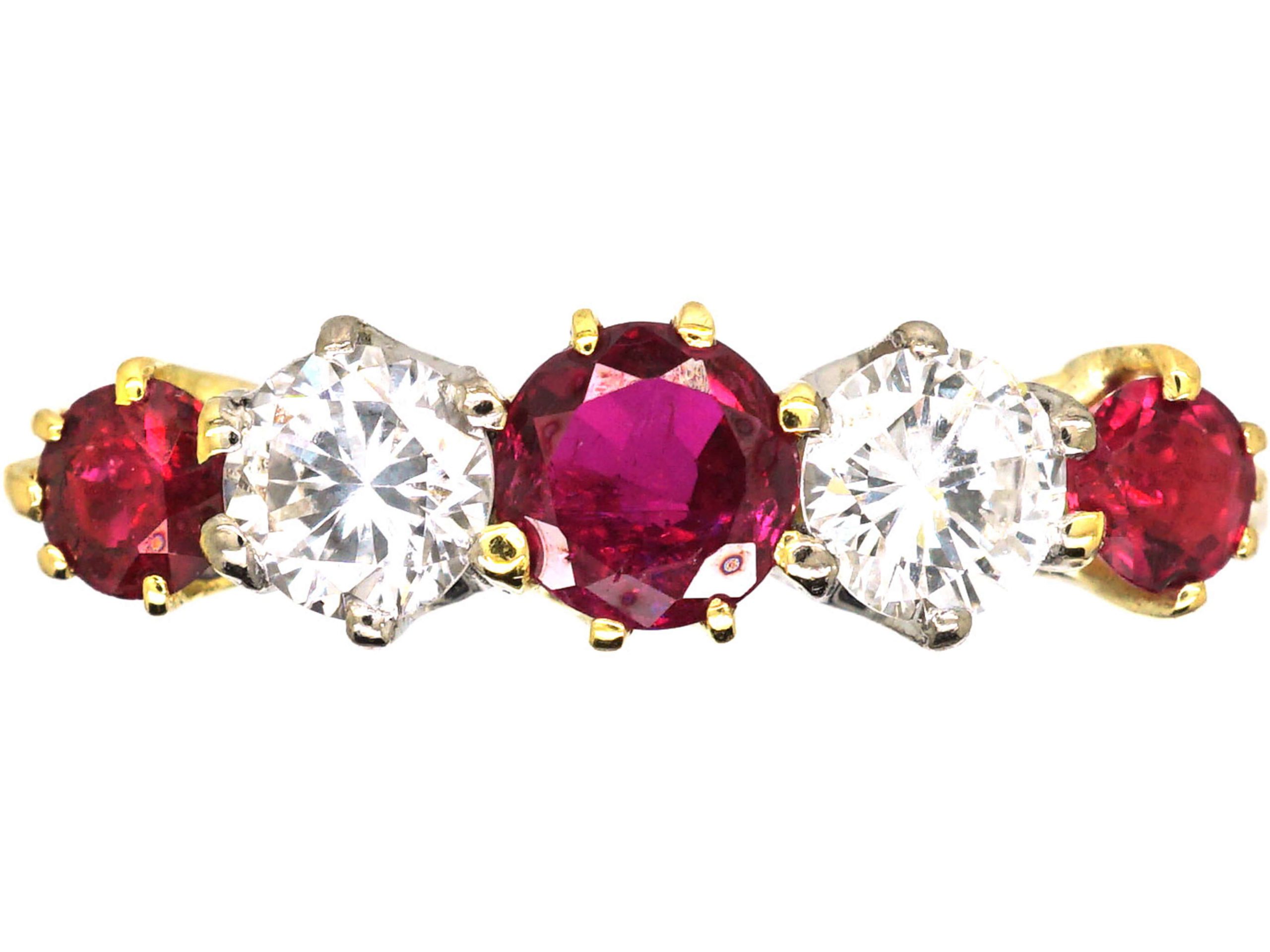 18ct Gold, Ruby & Diamond Five Stone Ring (55T) | The Antique Jewellery Company