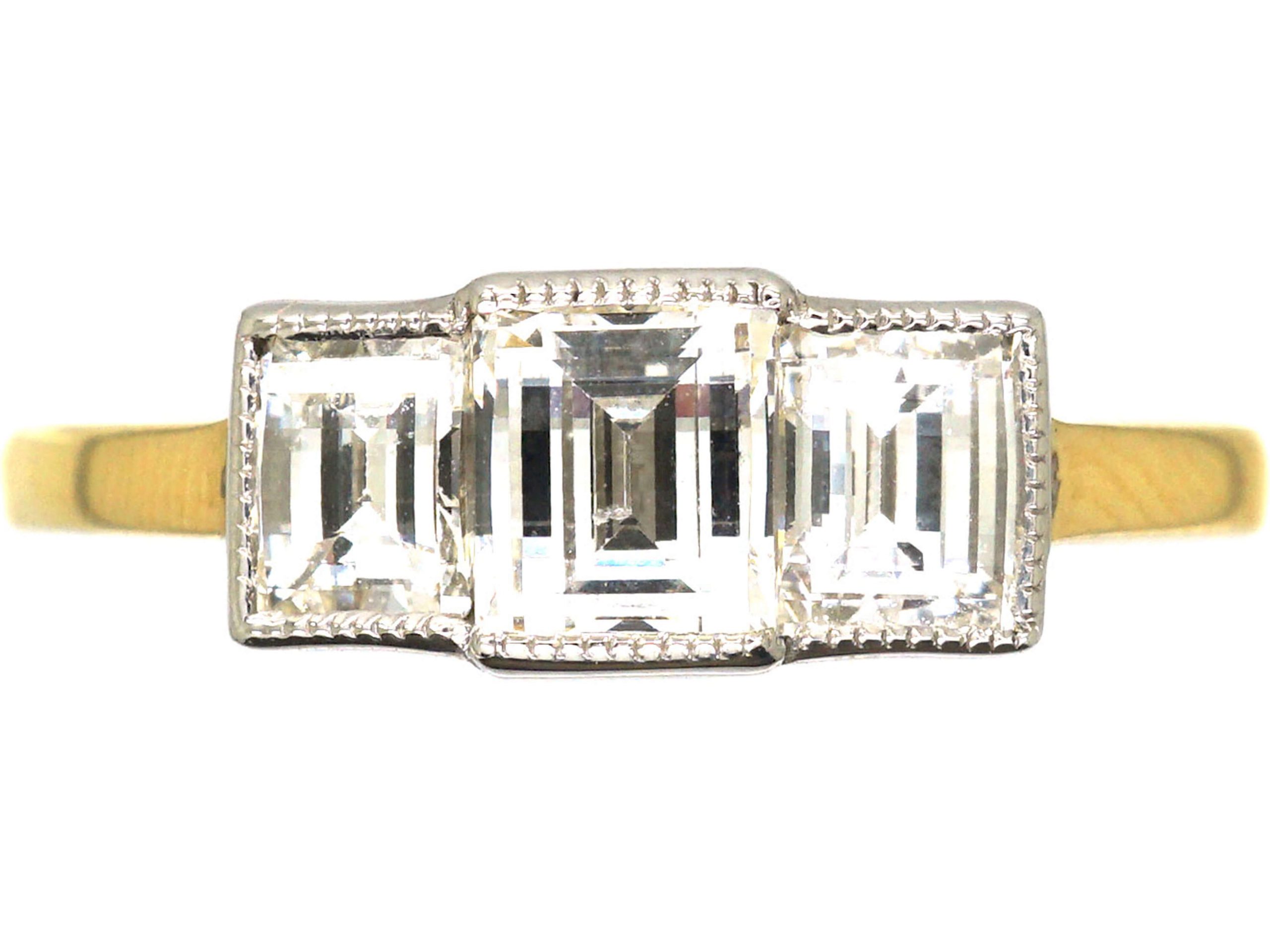 18ct Yellow & White Gold, Three Stone Rectangular Shaped Diamond Ring ...