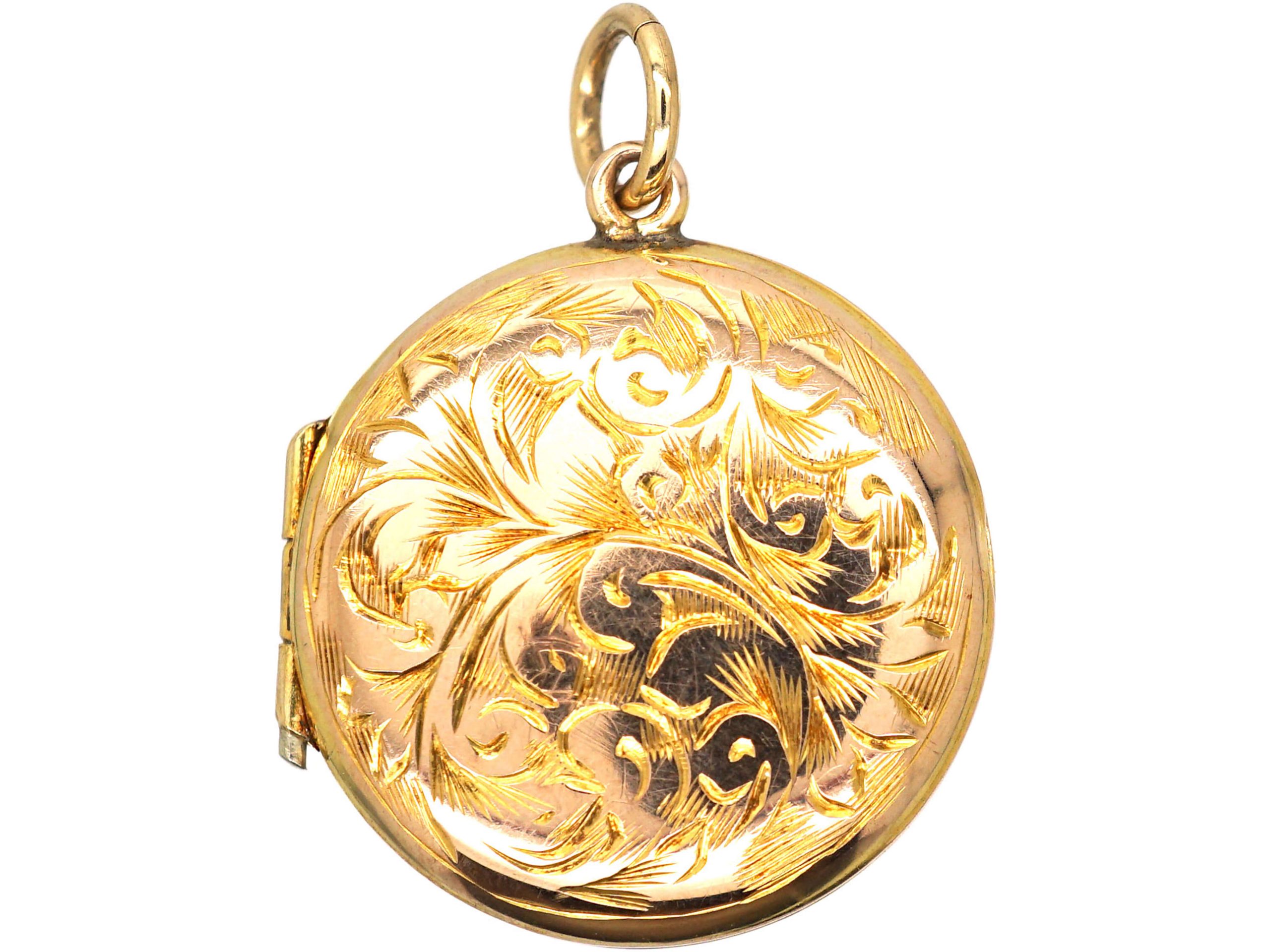 Edwardian 9ct Gold Small Round Locket with Engraved Leaf Motif (153T ...