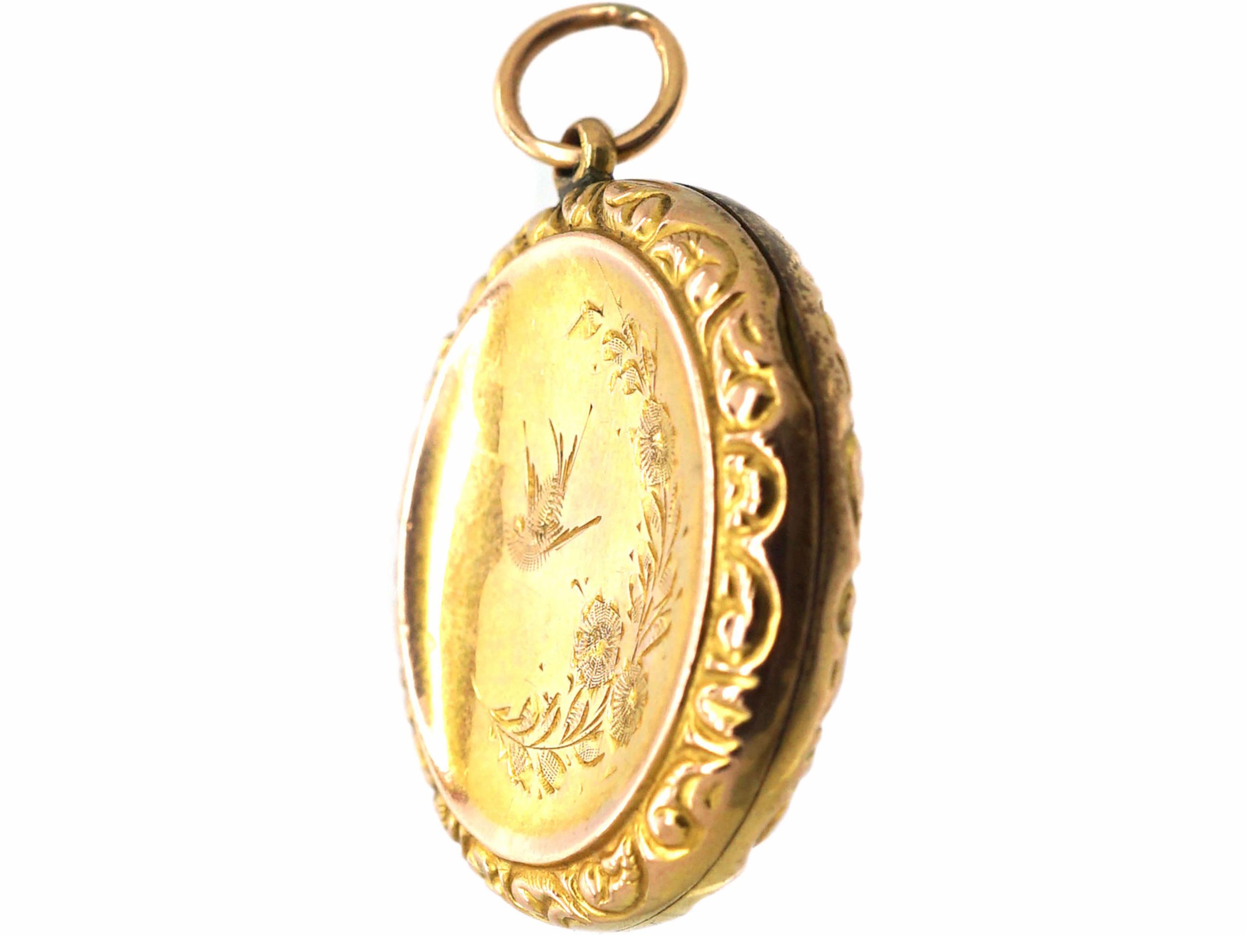 Edwardian 9ct Back & Front Round Locket with Engraved Swallow Motif ...
