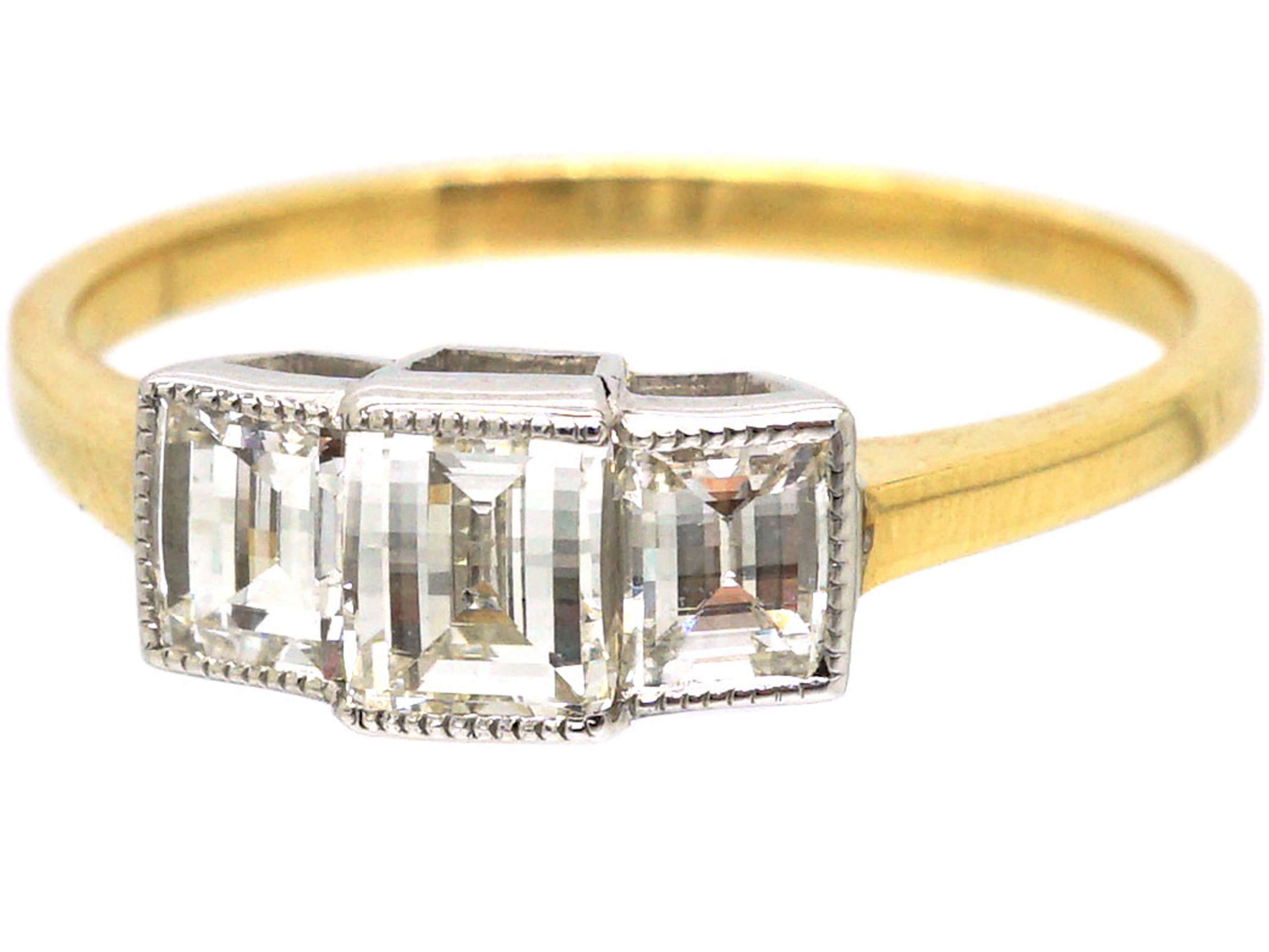 18ct Yellow & White Gold, Three Stone Rectangular Shaped Diamond Ring ...