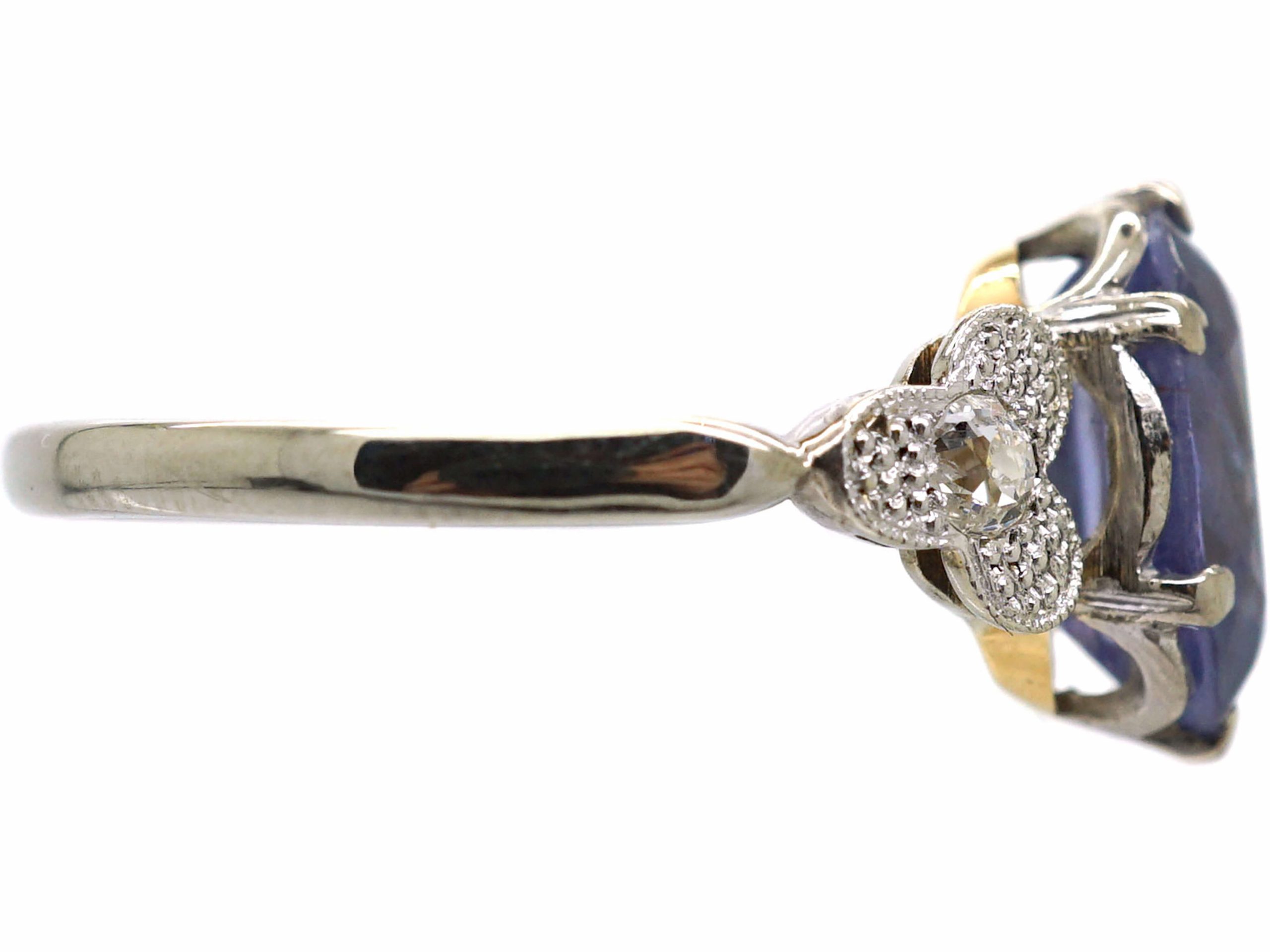 Art Deco 18ct White Gold Sapphire Ring with Diamond set Trefoil ...