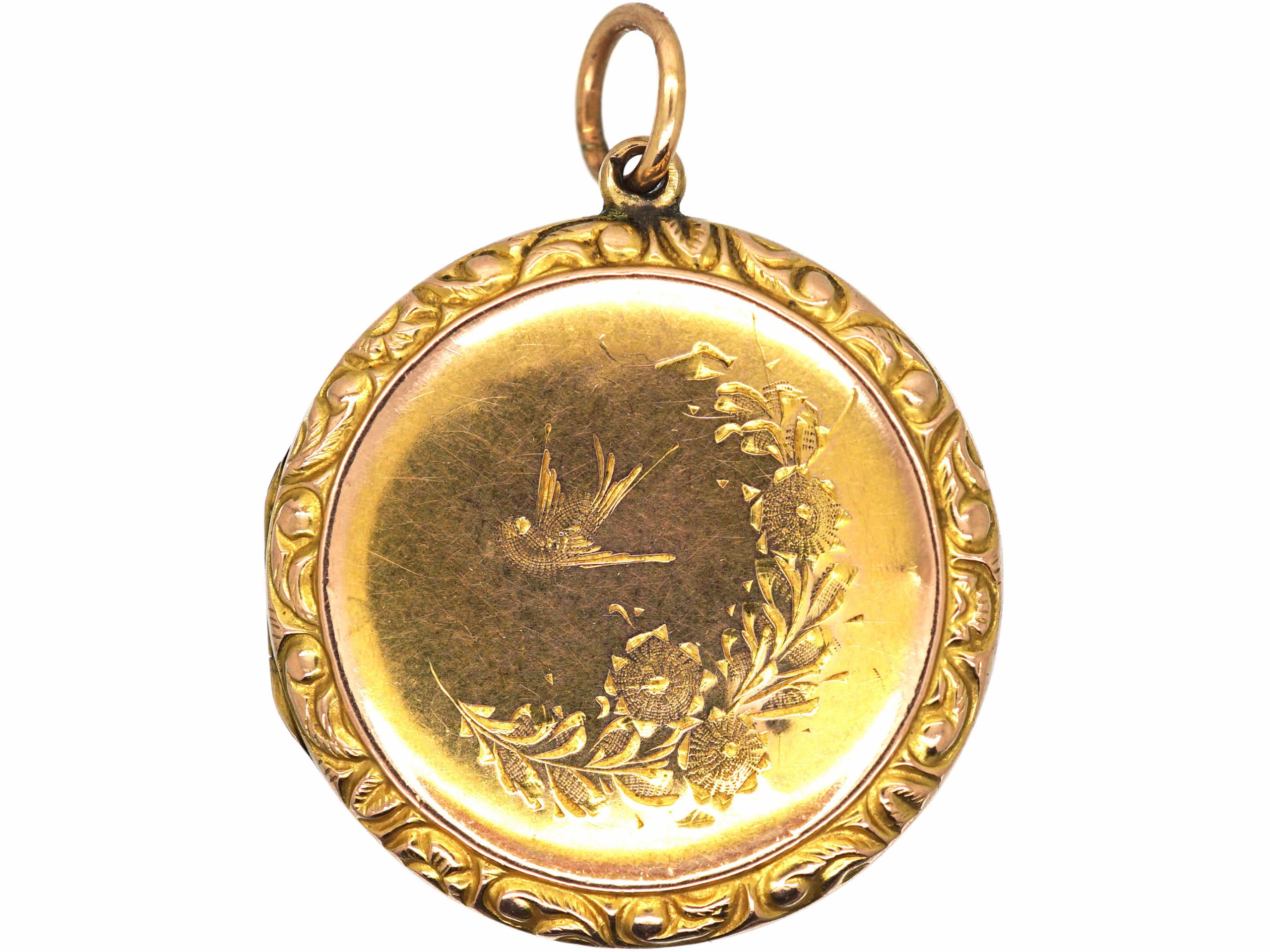 Edwardian 9ct Back & Front Round Locket with Engraved Swallow Motif ...