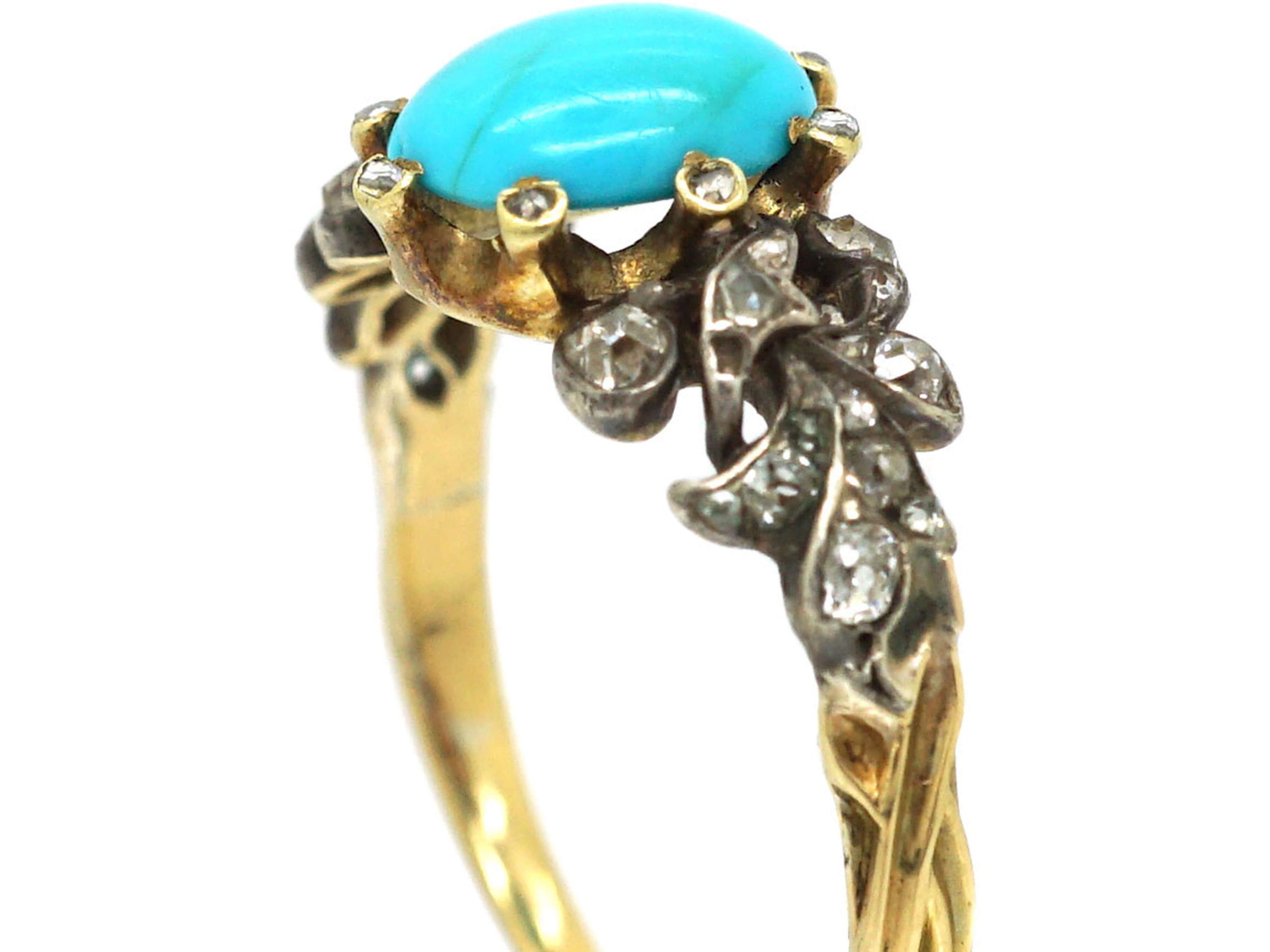 Early Victorian 15ct Gold & Turquoise Ring set with Old Mine Cut & Rose ...