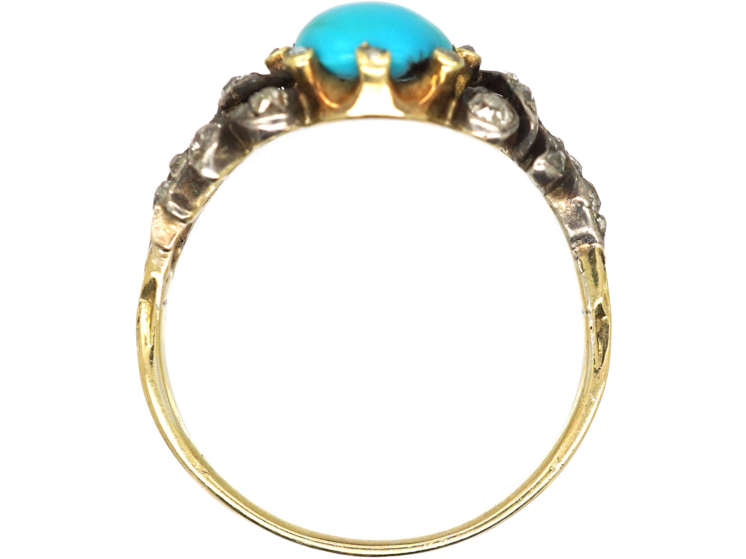 Early Victorian 15ct Gold & Turquoise Ring set with Old Mine Cut & Rose ...