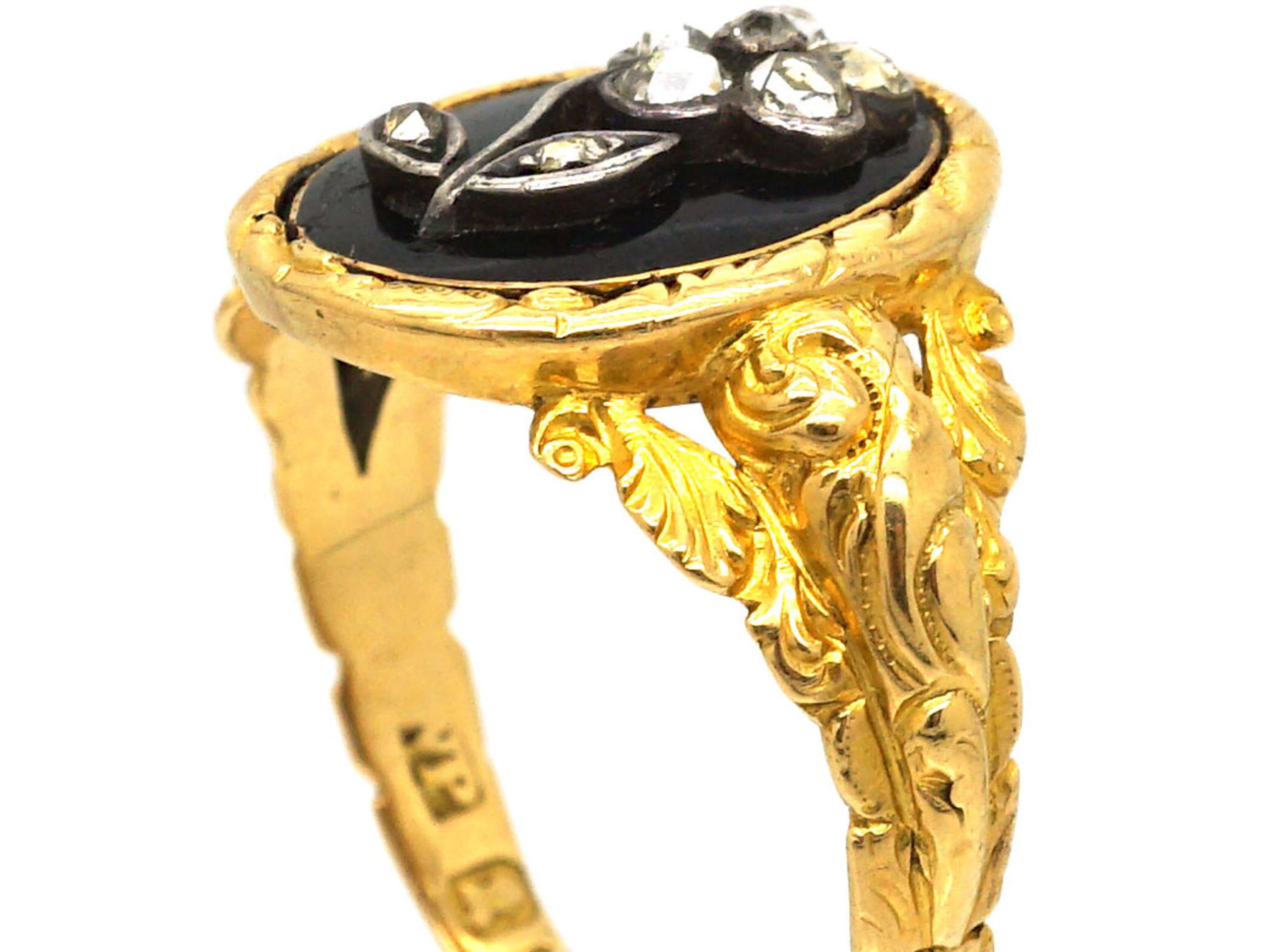 Regency 18ct Gold Mourning Ring with Black Enamel & Rose Diamond Set ...