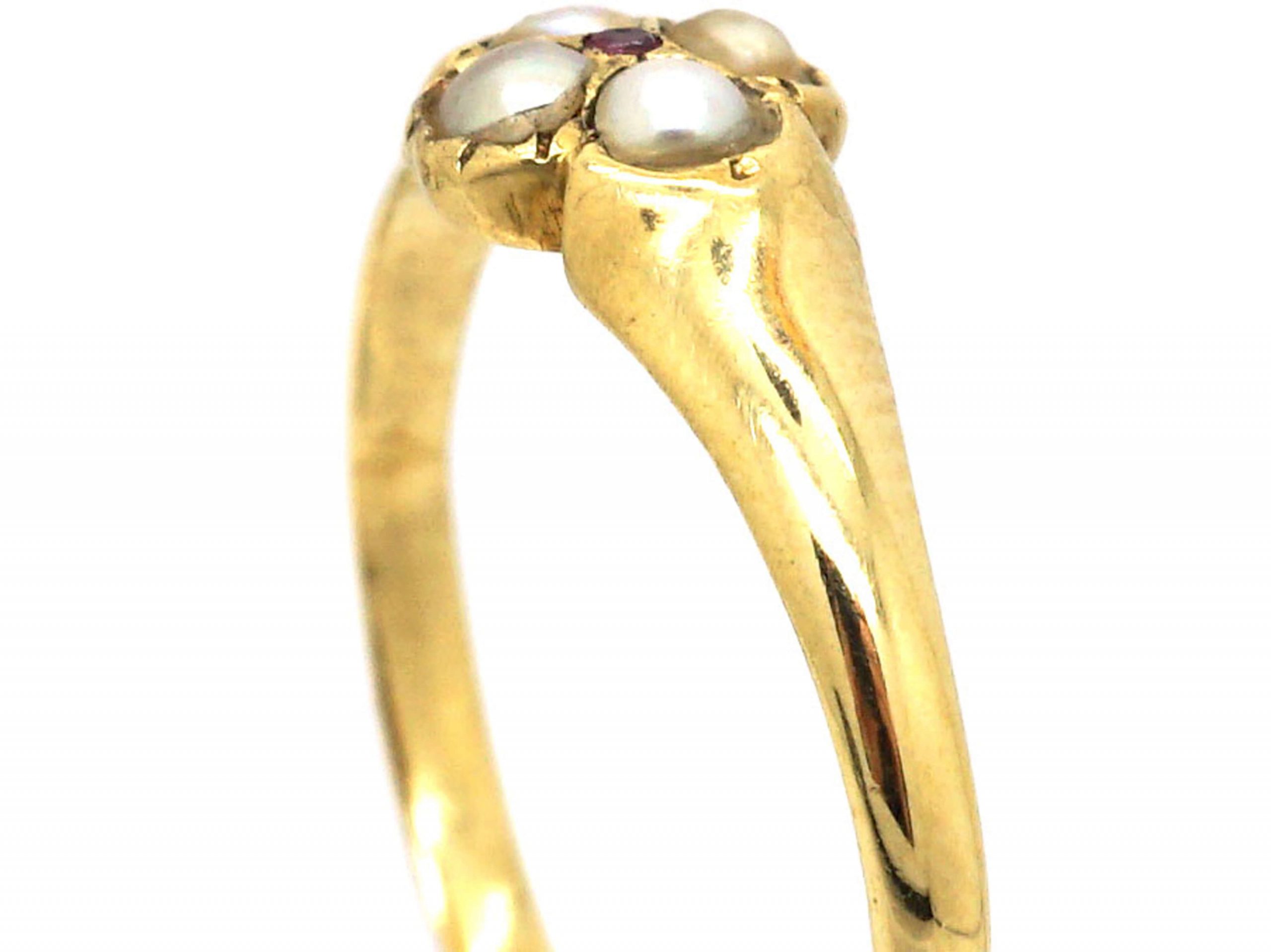 Regency 15ct Gold, Natural Split Pearls & Ruby Flower Ring (2T) | The ...