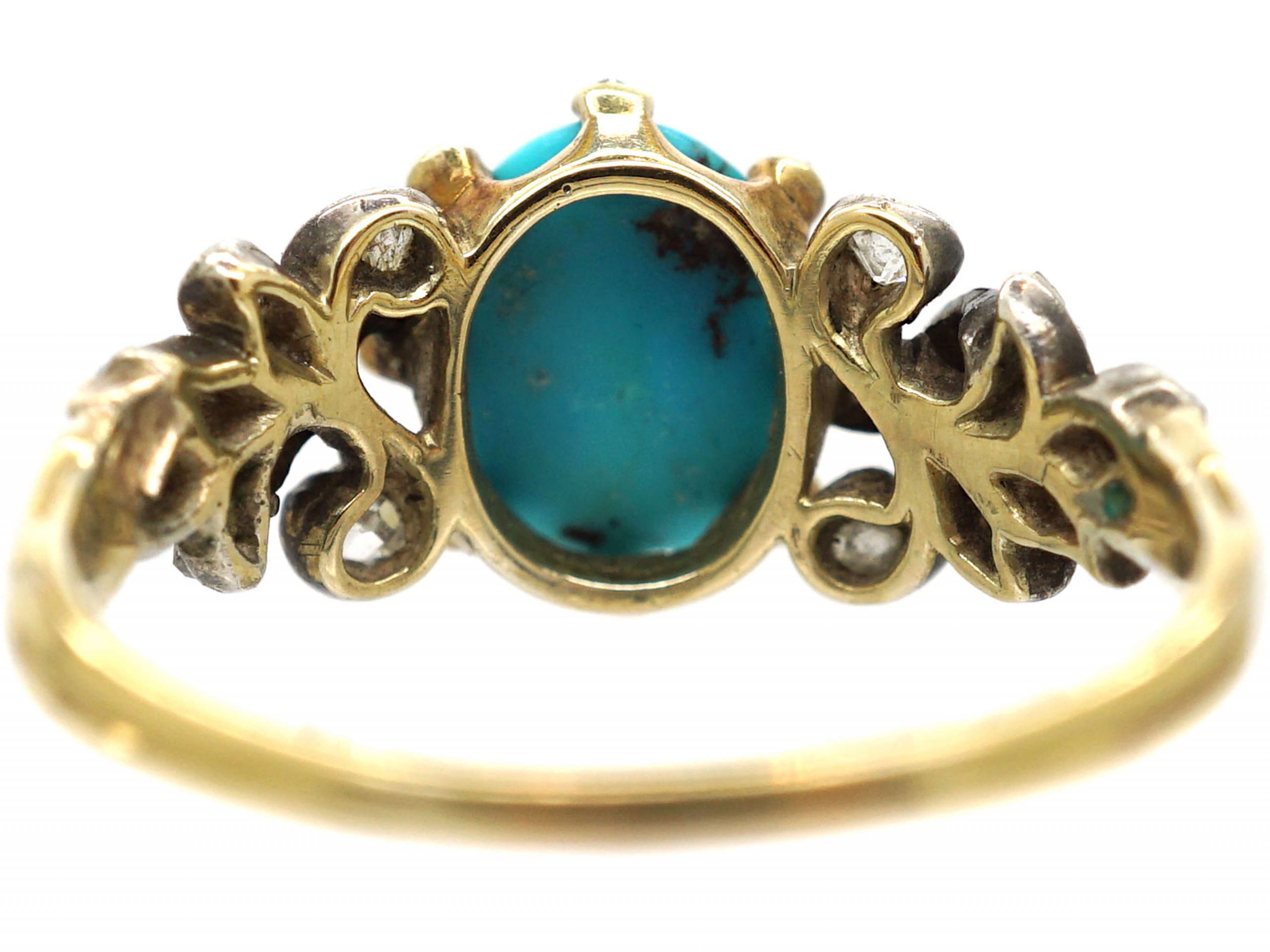 Early Victorian 15ct Gold & Turquoise Ring set with Old Mine Cut & Rose ...