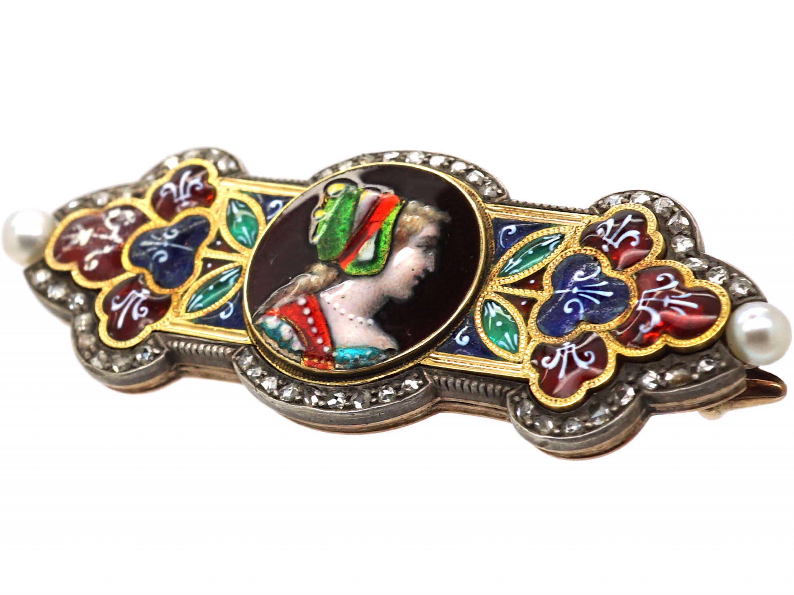 19th Century 18ct Gold, Limoges Enamel Brooch of a Lady's Head set with Rose Diamonds & Natural ...