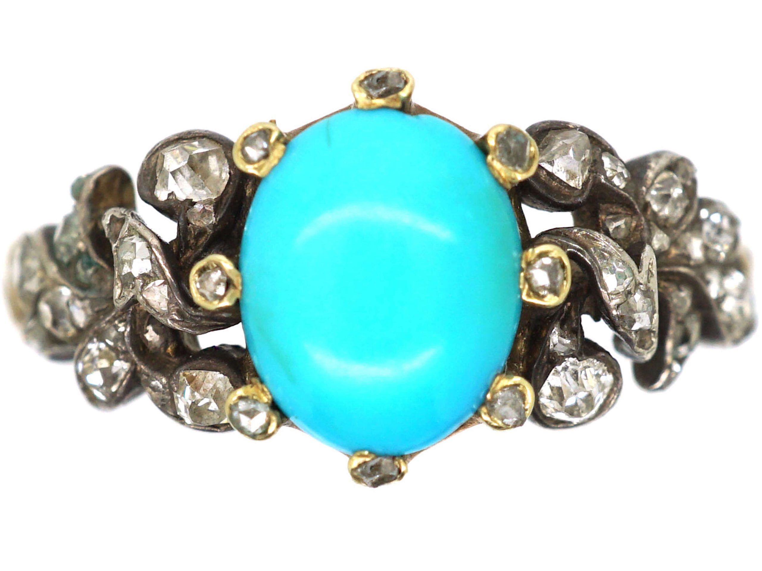 Early Victorian 15ct Gold & Turquoise Ring set with Old Mine Cut & Rose ...