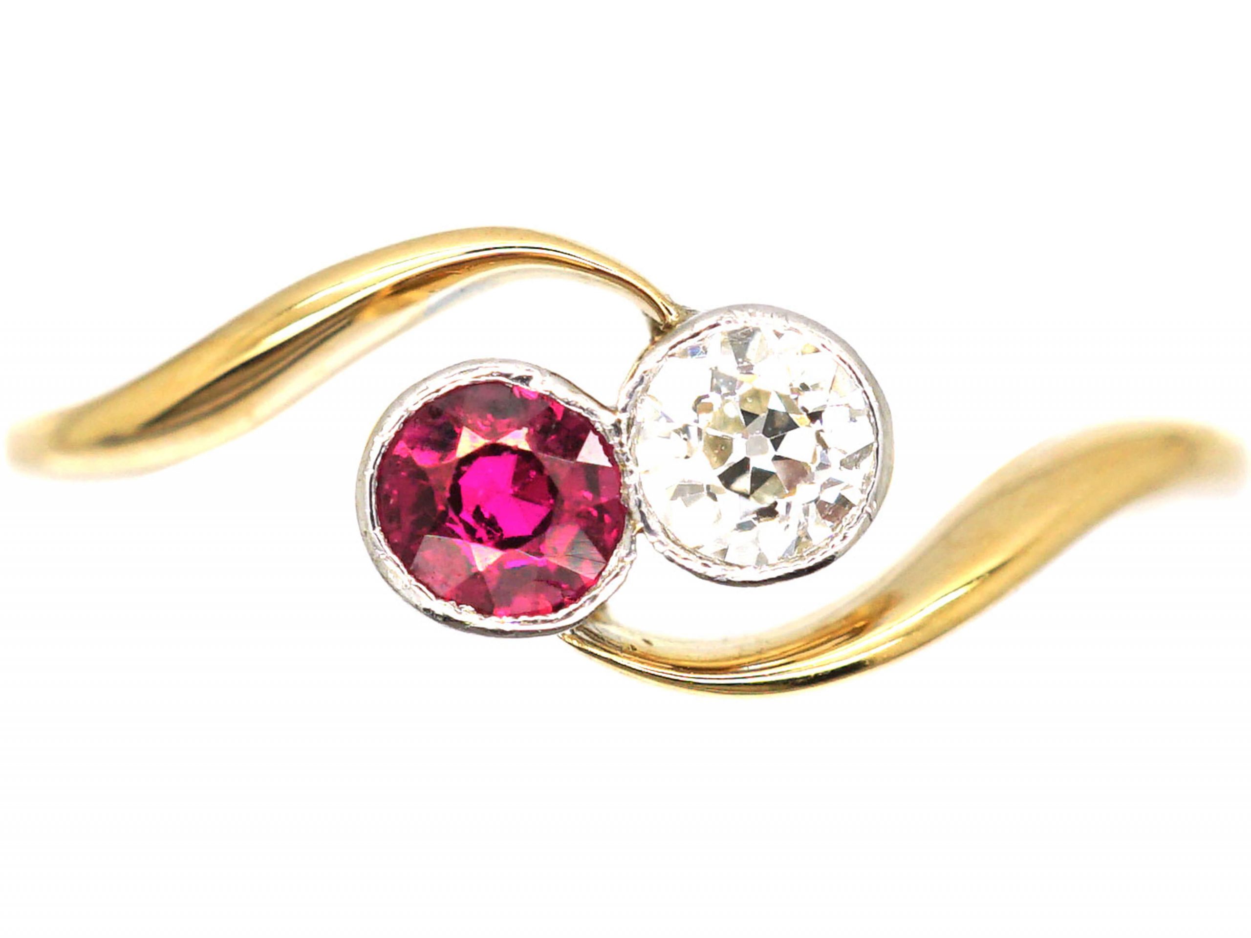 Art Nouveau 18ct Gold, Ruby & Diamond Crossover Ring (182T) | The ...