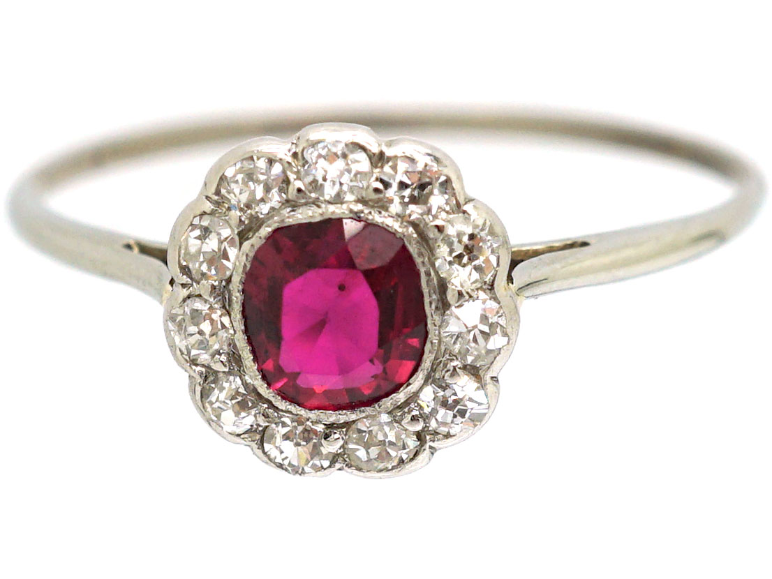 Edwardian Platinum, Ruby & Diamond Cluster Ring (213T) | The Antique ...