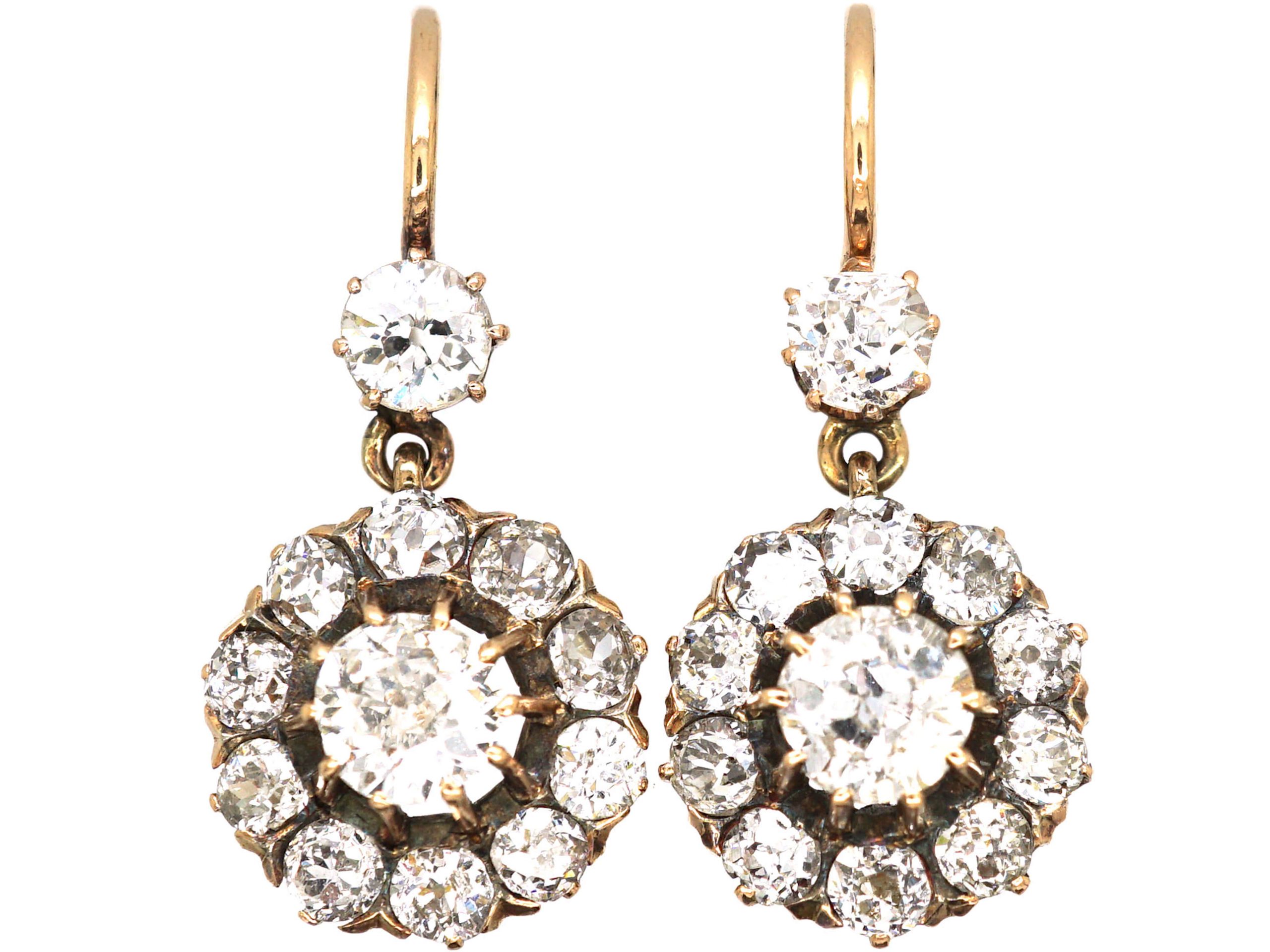 Edwardian 18ct Gold Diamond Cluster Earrings With A Diamond Above 111t