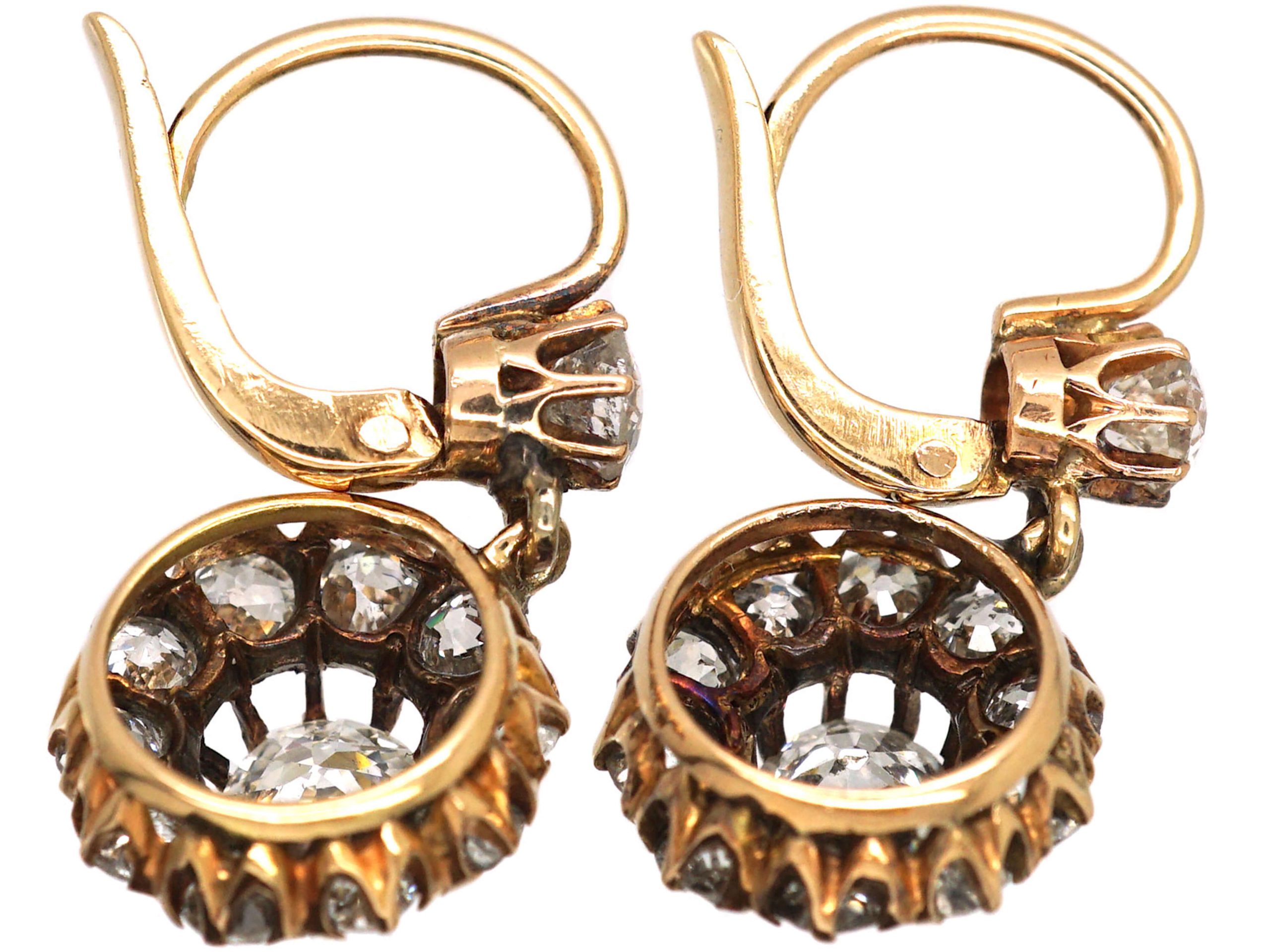 Edwardian 18ct Gold Diamond Cluster Earrings With A Diamond Above 111t