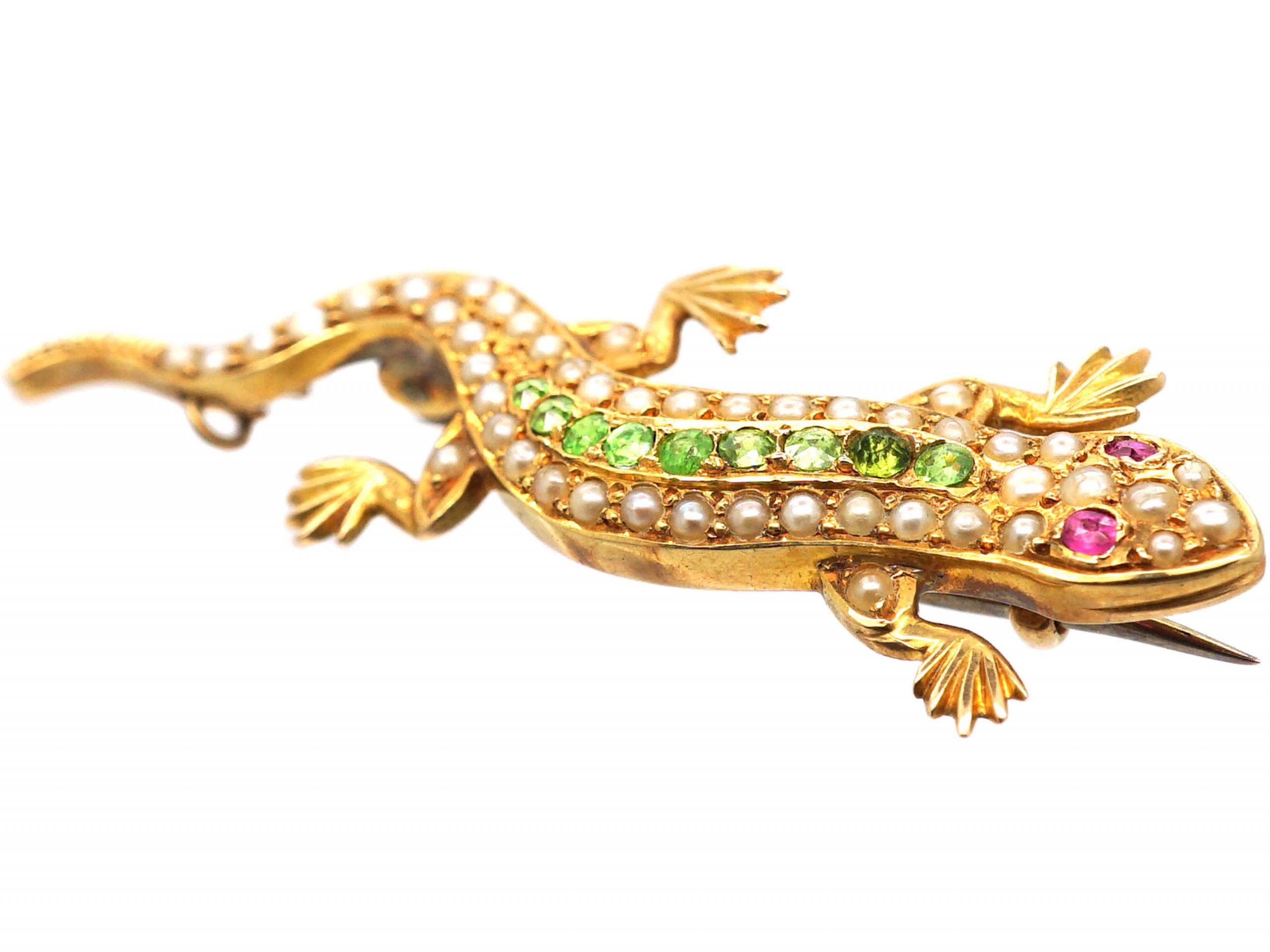 Edwardian 15ct Gold Salamander Brooch set with Green Garnets, Rubies ...