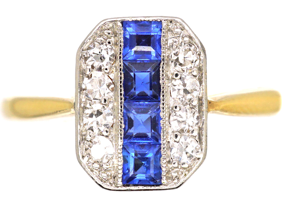Art Deco 18ct Gold & Platinum, Sapphire & Diamond Octagonal Shaped Ring ...
