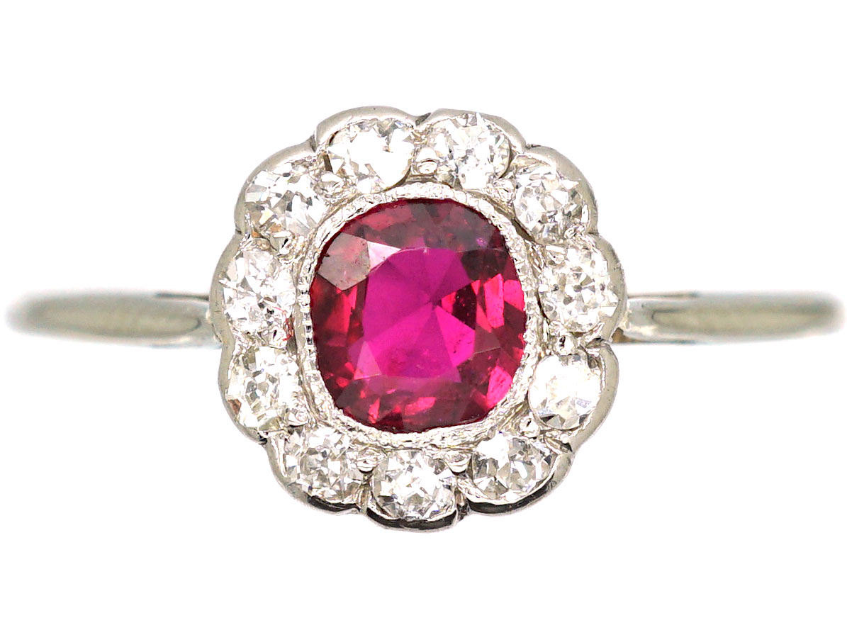 Edwardian Platinum, Ruby & Diamond Cluster Ring (213T) | The Antique ...