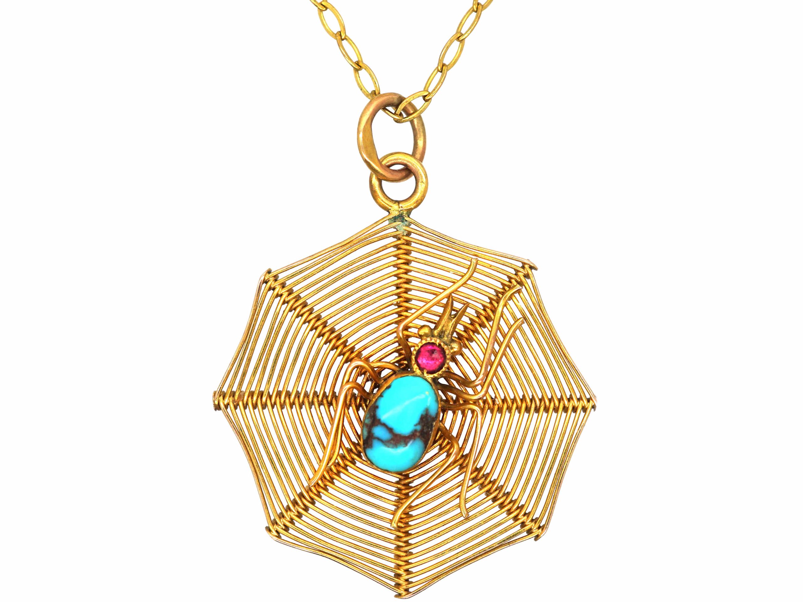 Edwardian 9ct Gold Pendant of a Spider in it's Web on a 9ct Gold Chain ...