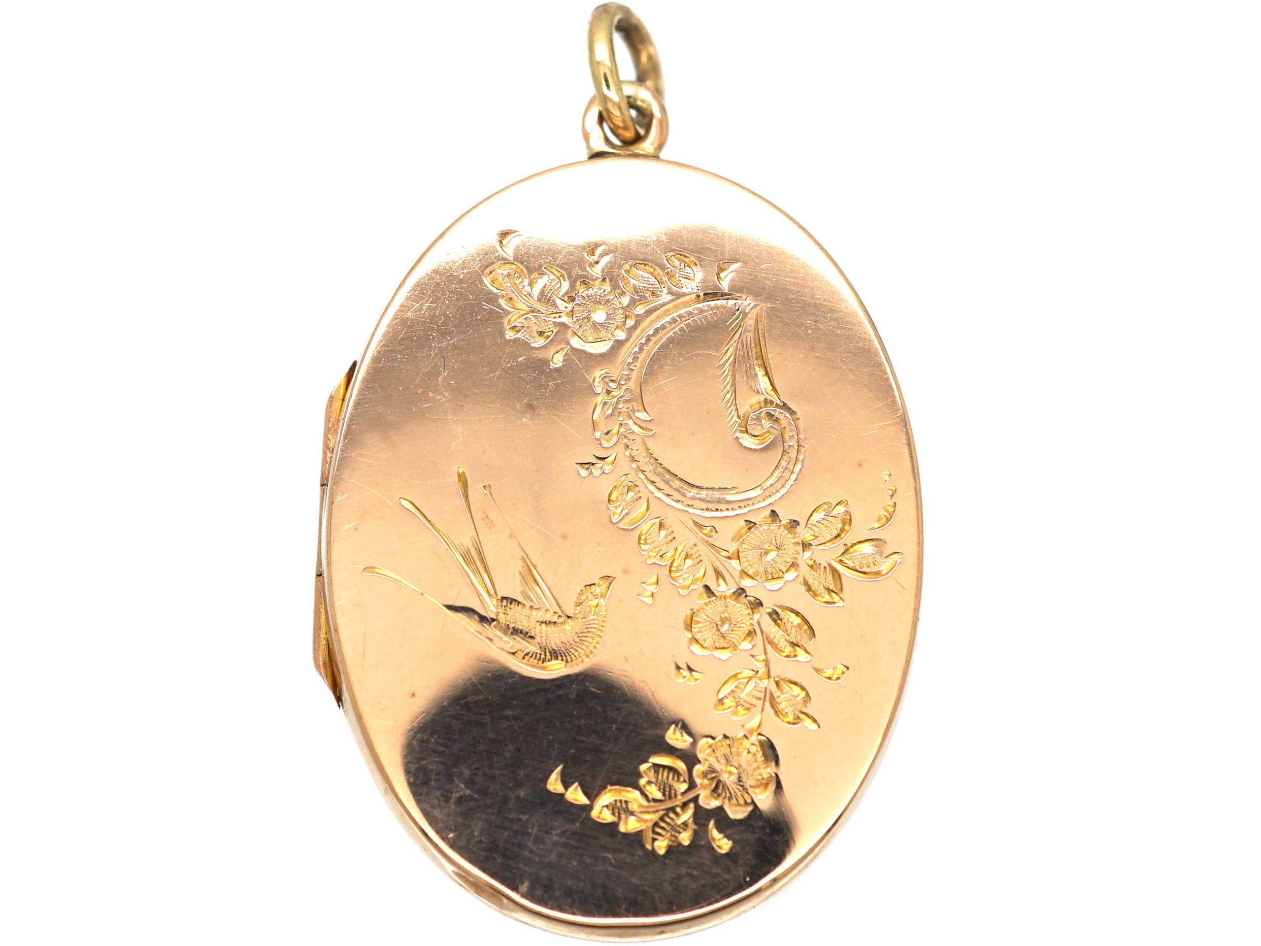 Edwardian 9ct Gold Locket with Swallow & Rose Garland Motif (235T ...
