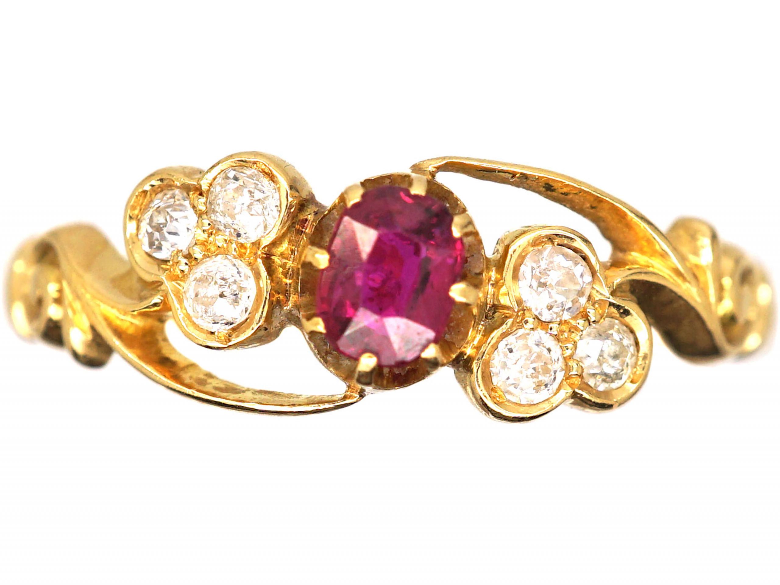 Edwardian 18ct Gold, Ruby & Diamond Trefoil Ring by Deakin & Frances ...