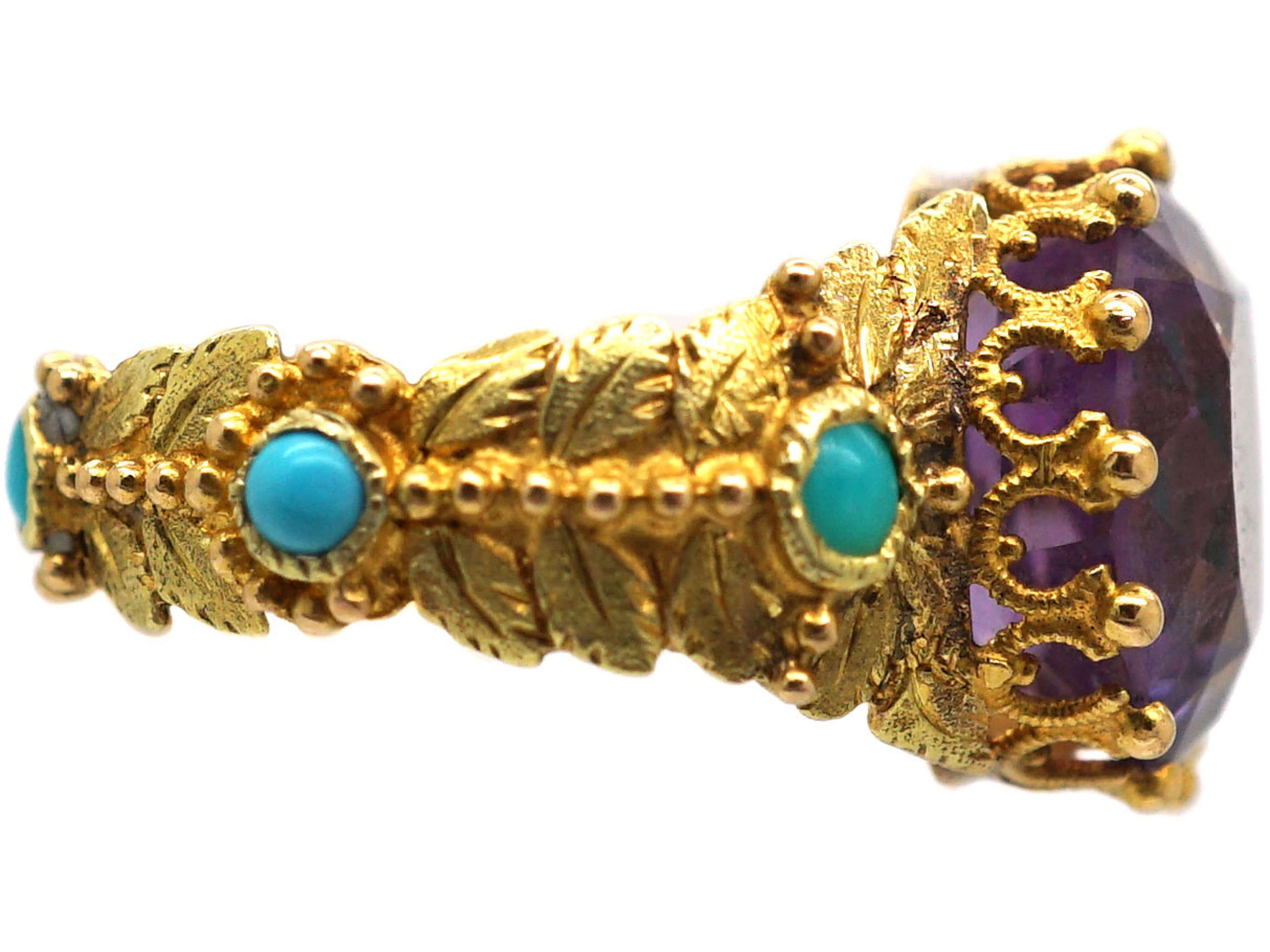 Georgian 15ct Two Colour Gold, Amethyst & Turquoise Ring with Floral ...