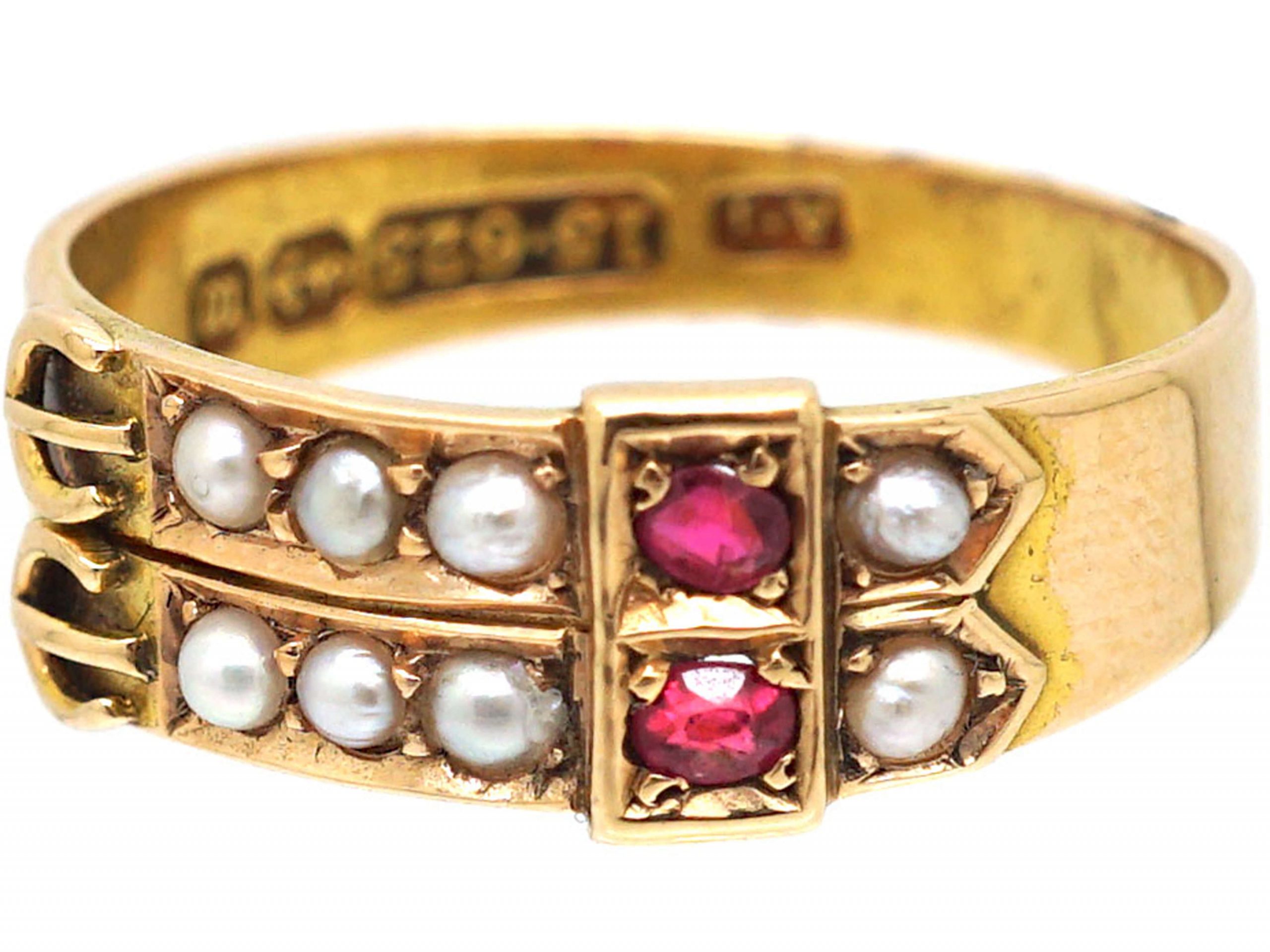 Victorian 15ct Gold Double Buckle Ring set with Natural Split Pearls ...