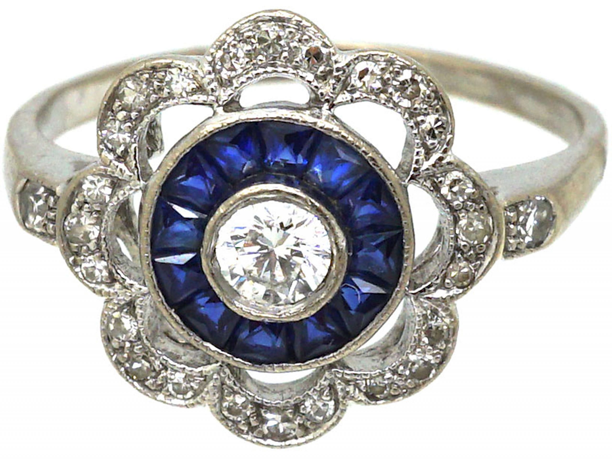 18ct White Gold, French Cut Sapphire & Diamond Target Ring (467T) | The ...