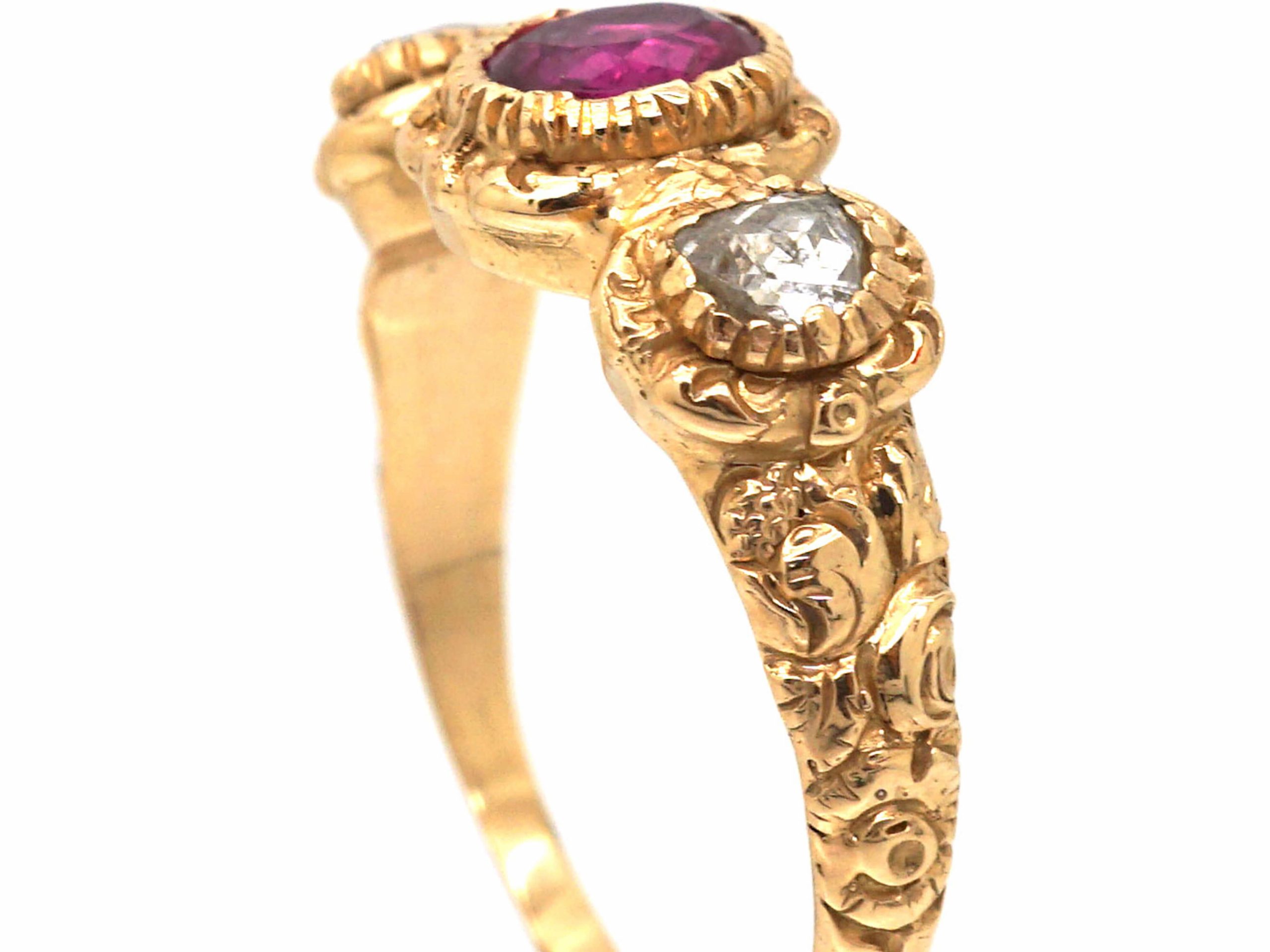 Georgian 15ct Gold, Ruby & Rose Diamond Ring with Repousse Shoulders ...