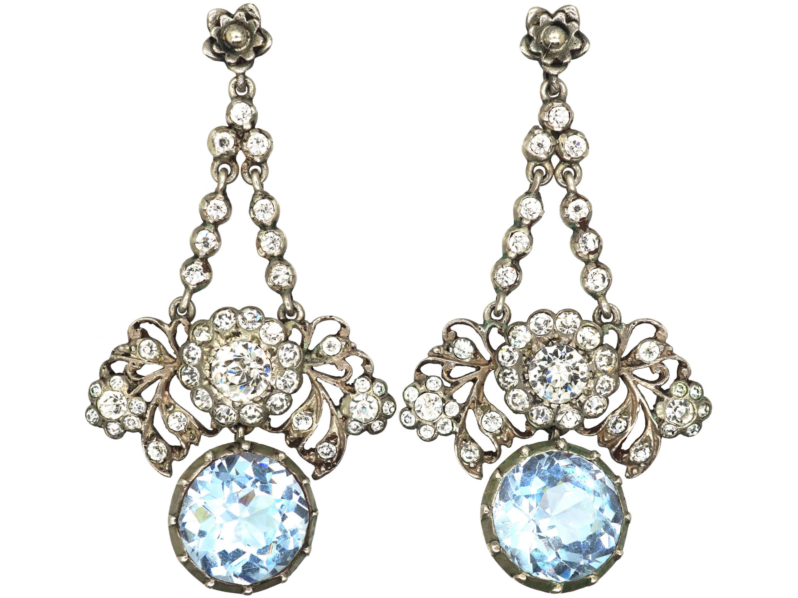 Edwardian Silver & Pale Blue & White Paste Flower Drop Earrings (373T ...