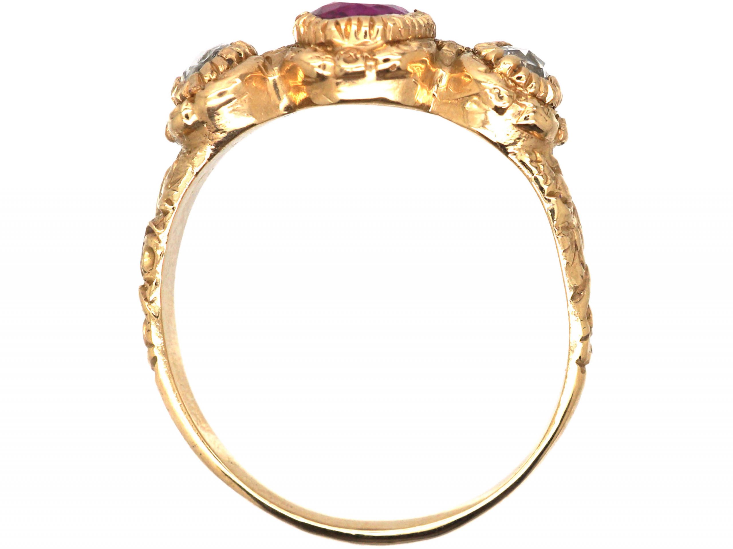 Georgian 15ct Gold, Ruby & Rose Diamond Ring with Repousse Shoulders ...