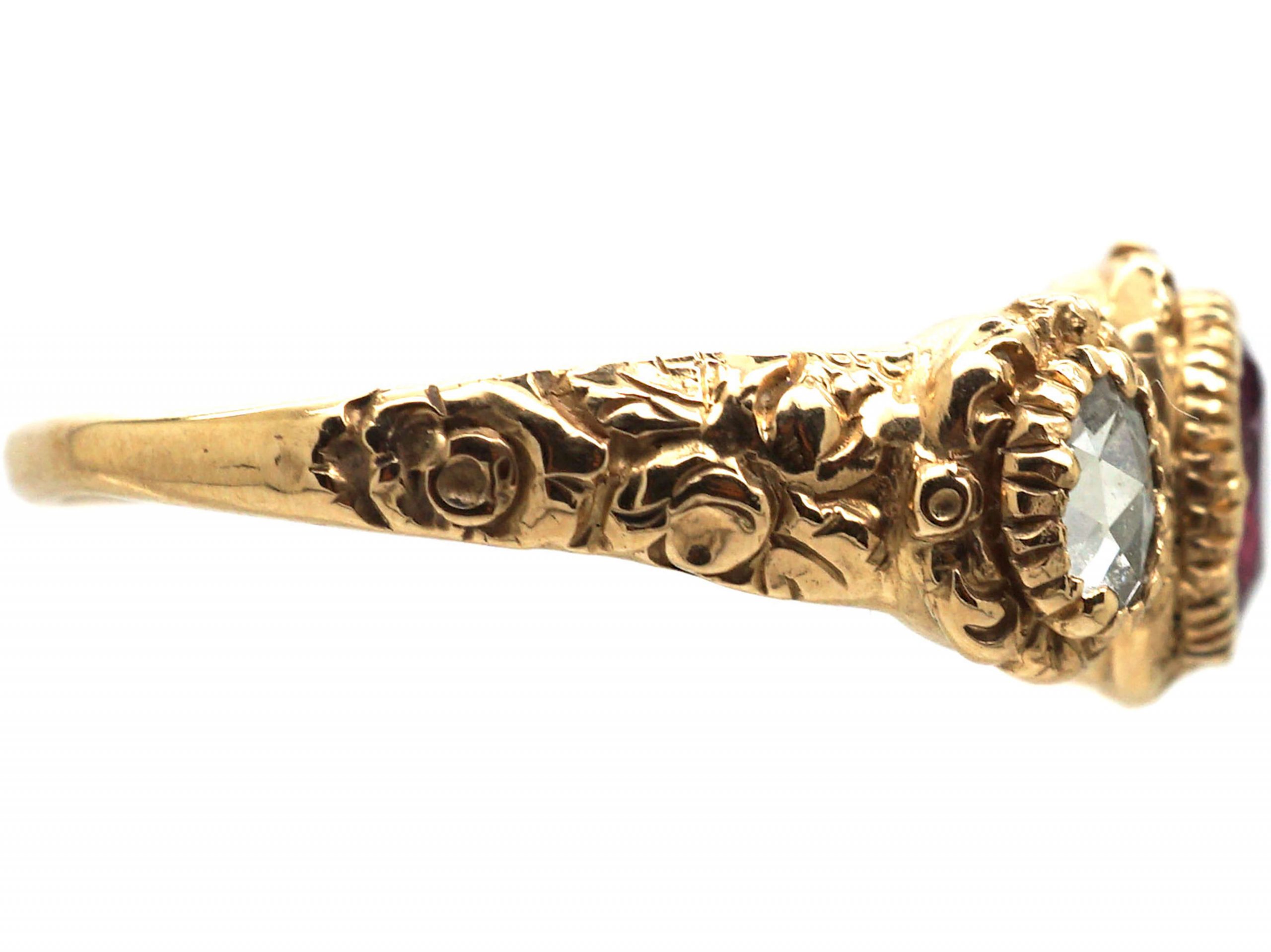 Georgian 15ct Gold, Ruby & Rose Diamond Ring with Repousse Shoulders ...