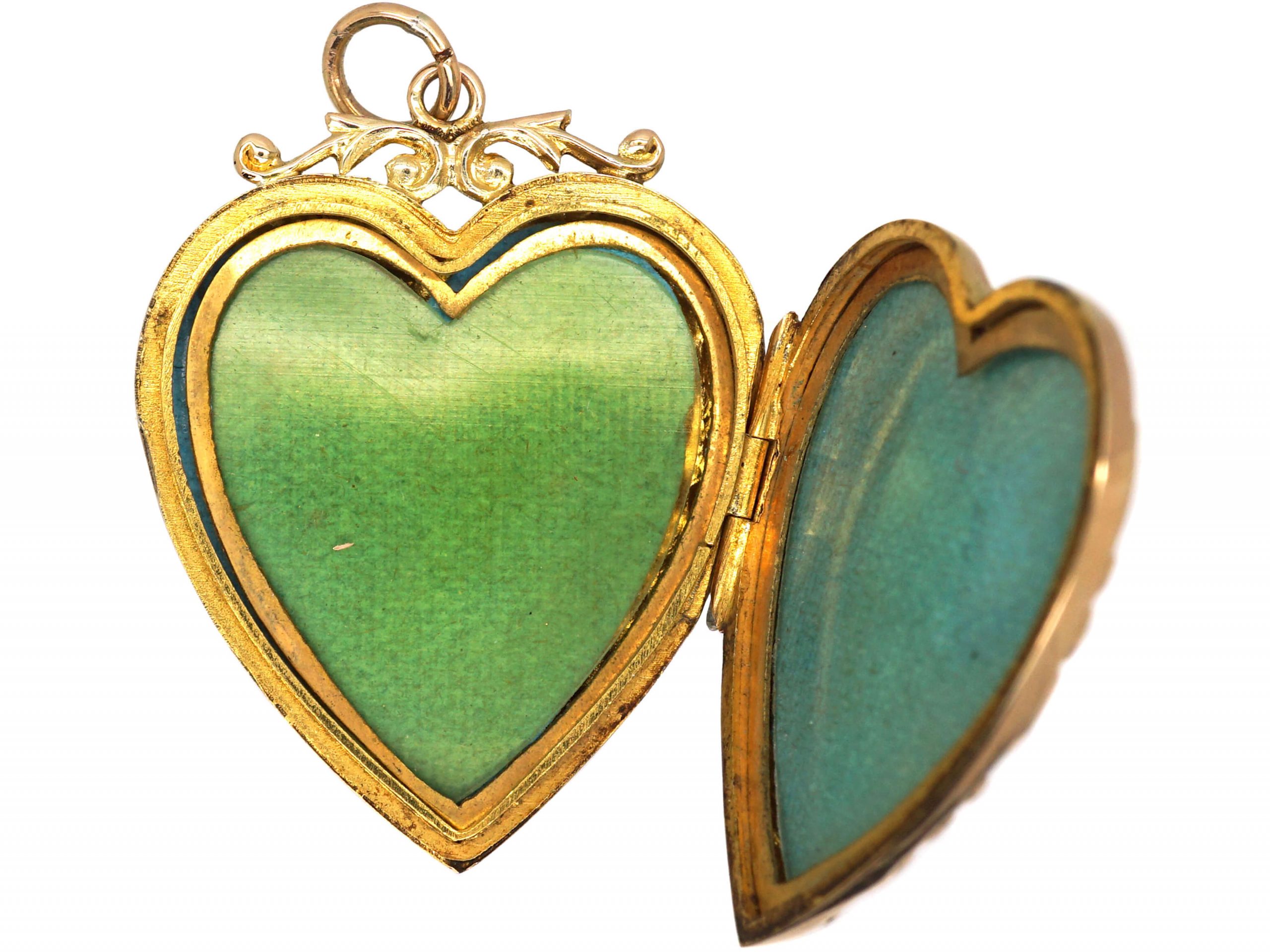 Edwardian 9ct Back & Front Locket Heart Shaped Locket with Rose Sprig ...