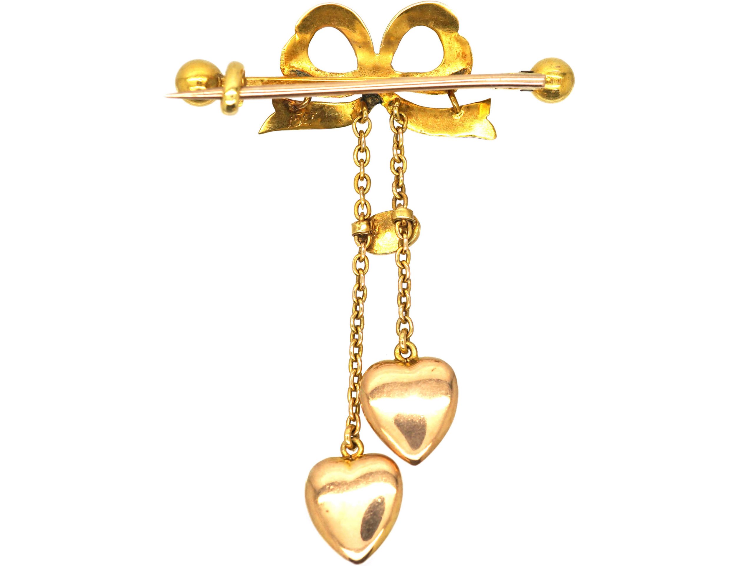 Edwardian 15ct Gold Bow Brooch with Two Heart Shaped Drops set with ...