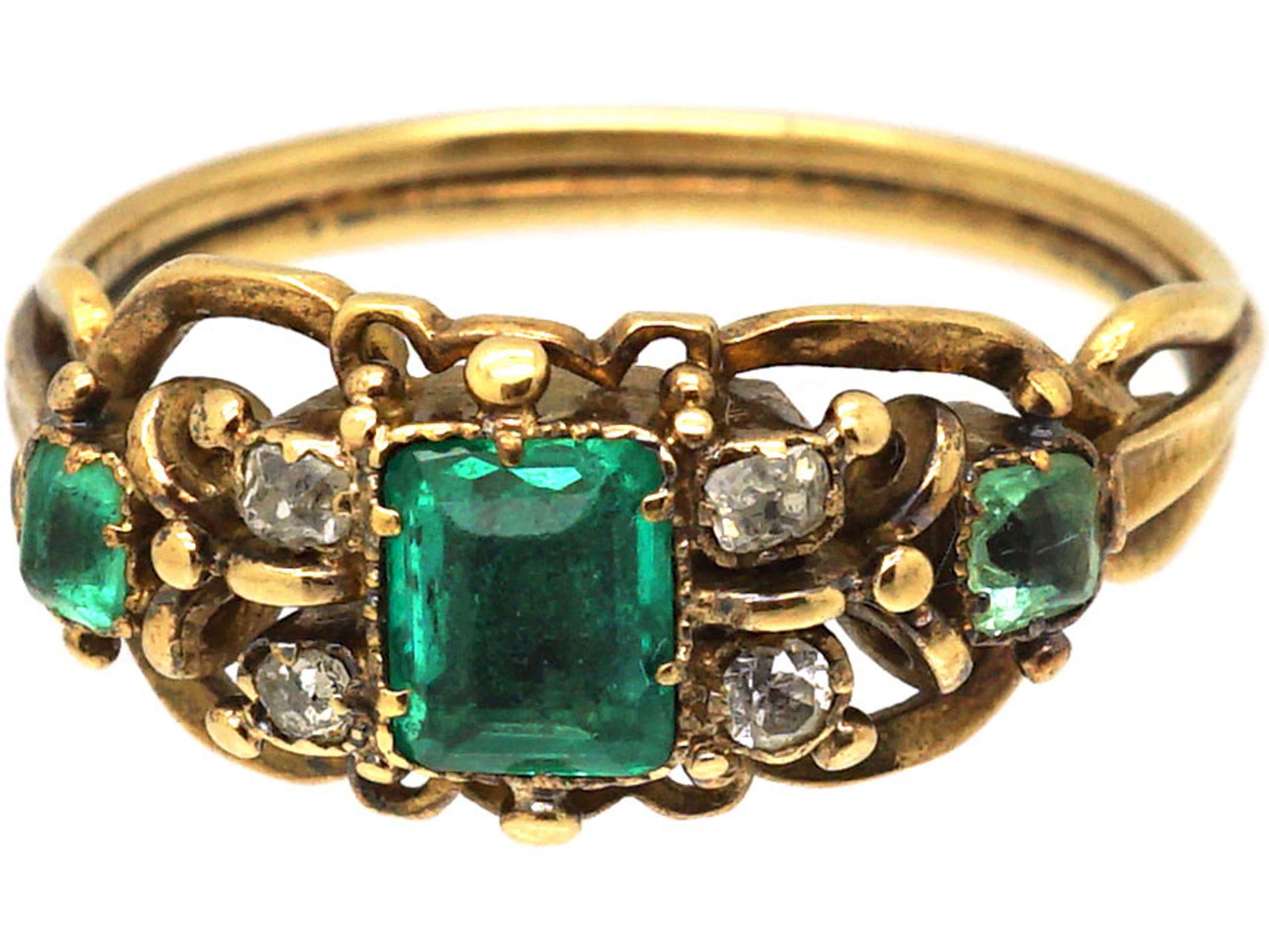 Georgian 18ct Gold, Three Stone Emerald & Diamond Ring (521T) | The ...