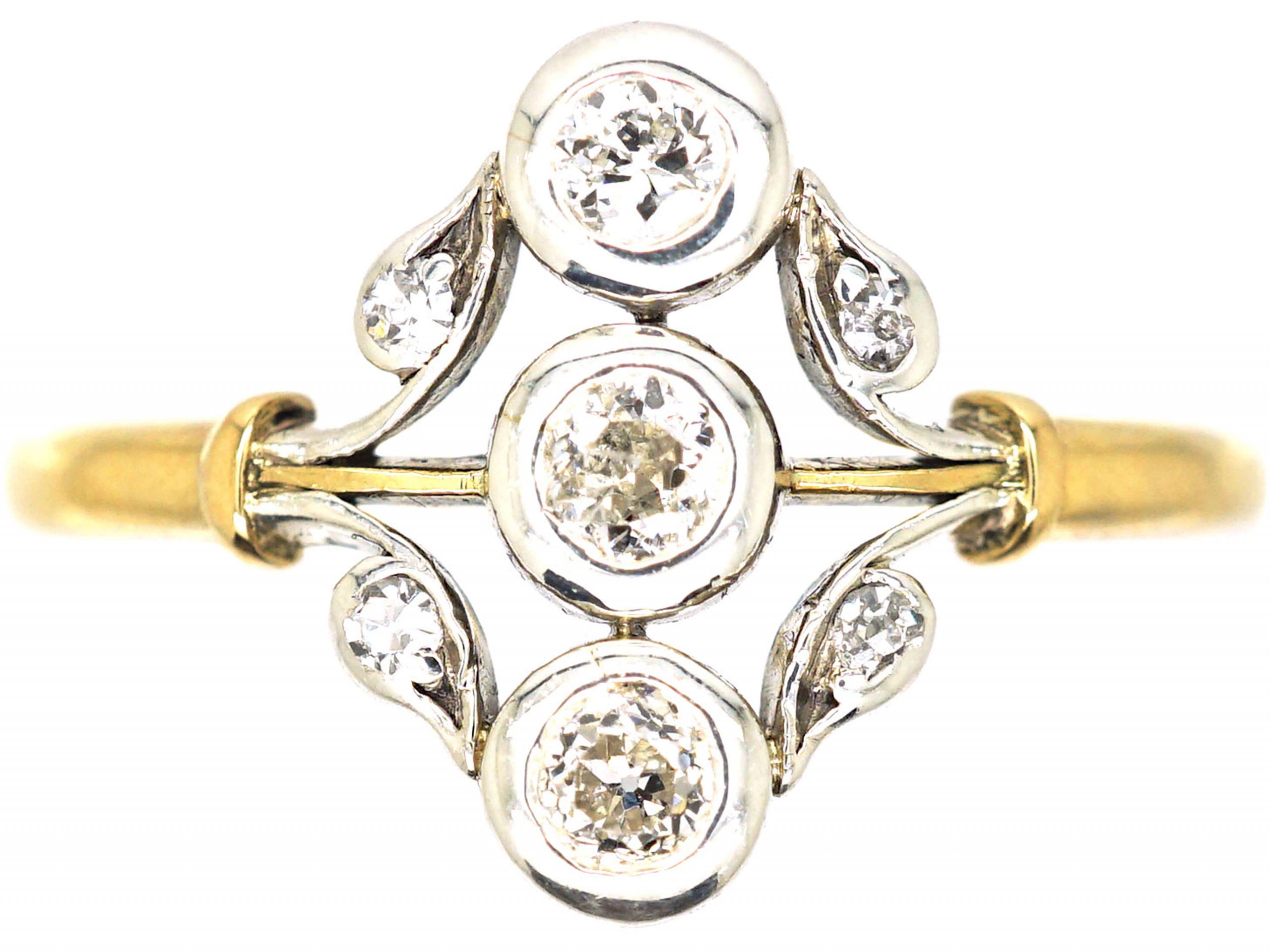 Austrian 14ct Gold & Platinum, Diamond Three Stone Leaf Motif Ring ...