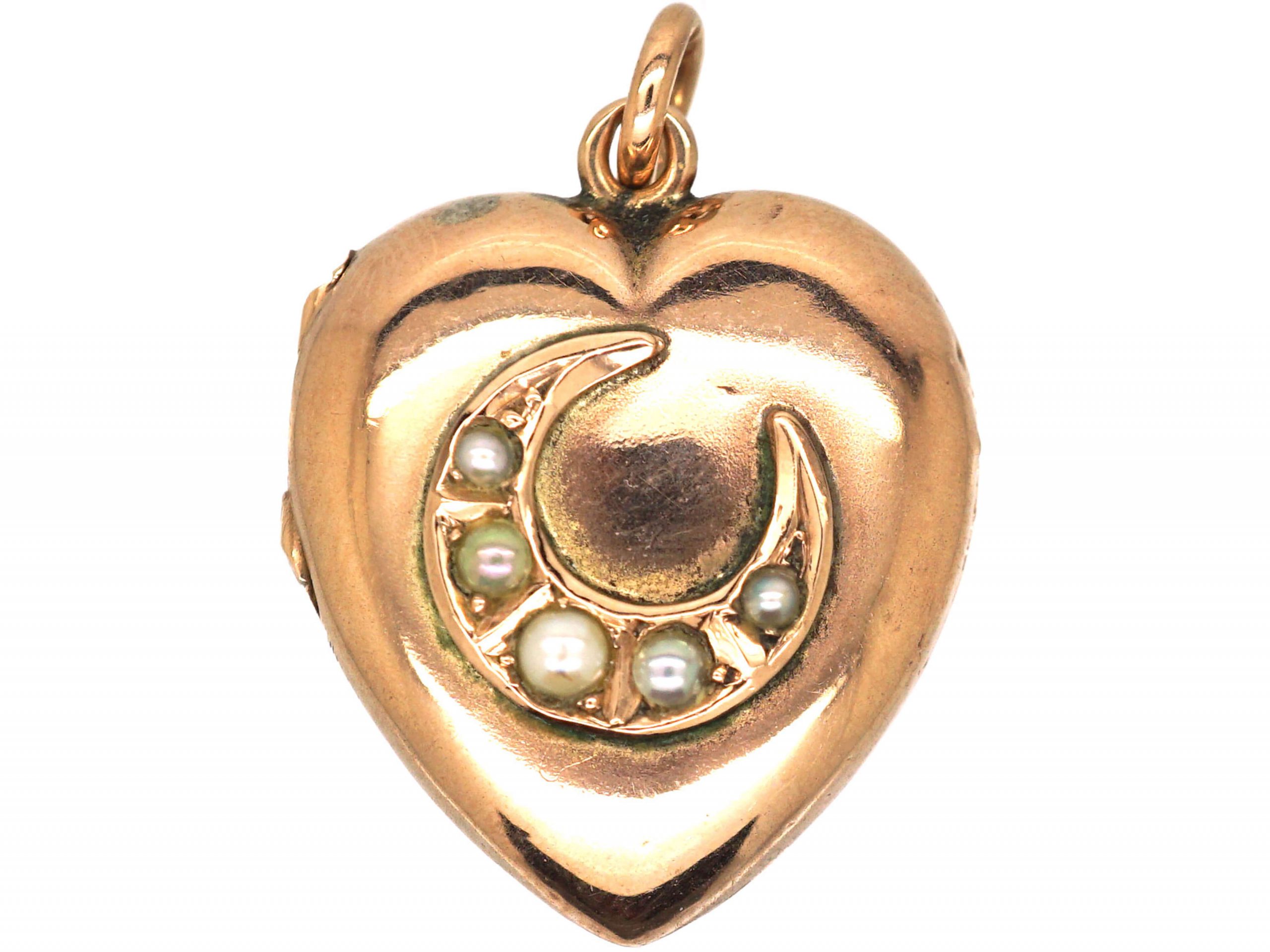 Edwardian 9ct Gold Heart Shaped Locket with Half Moon Motif set with ...