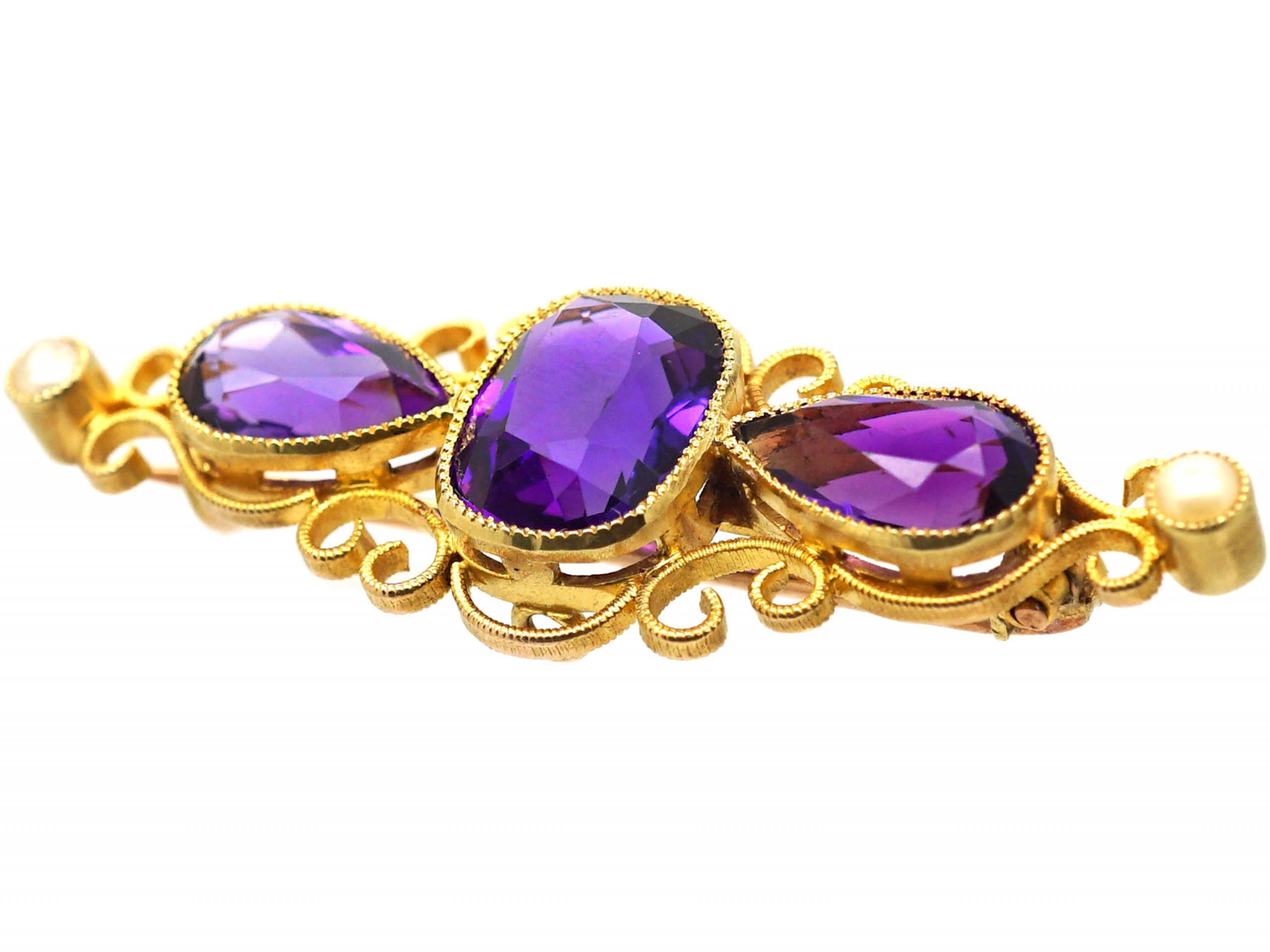 Edwardian 15ct Gold Brooch set with Three Amethysts & Natural Split ...