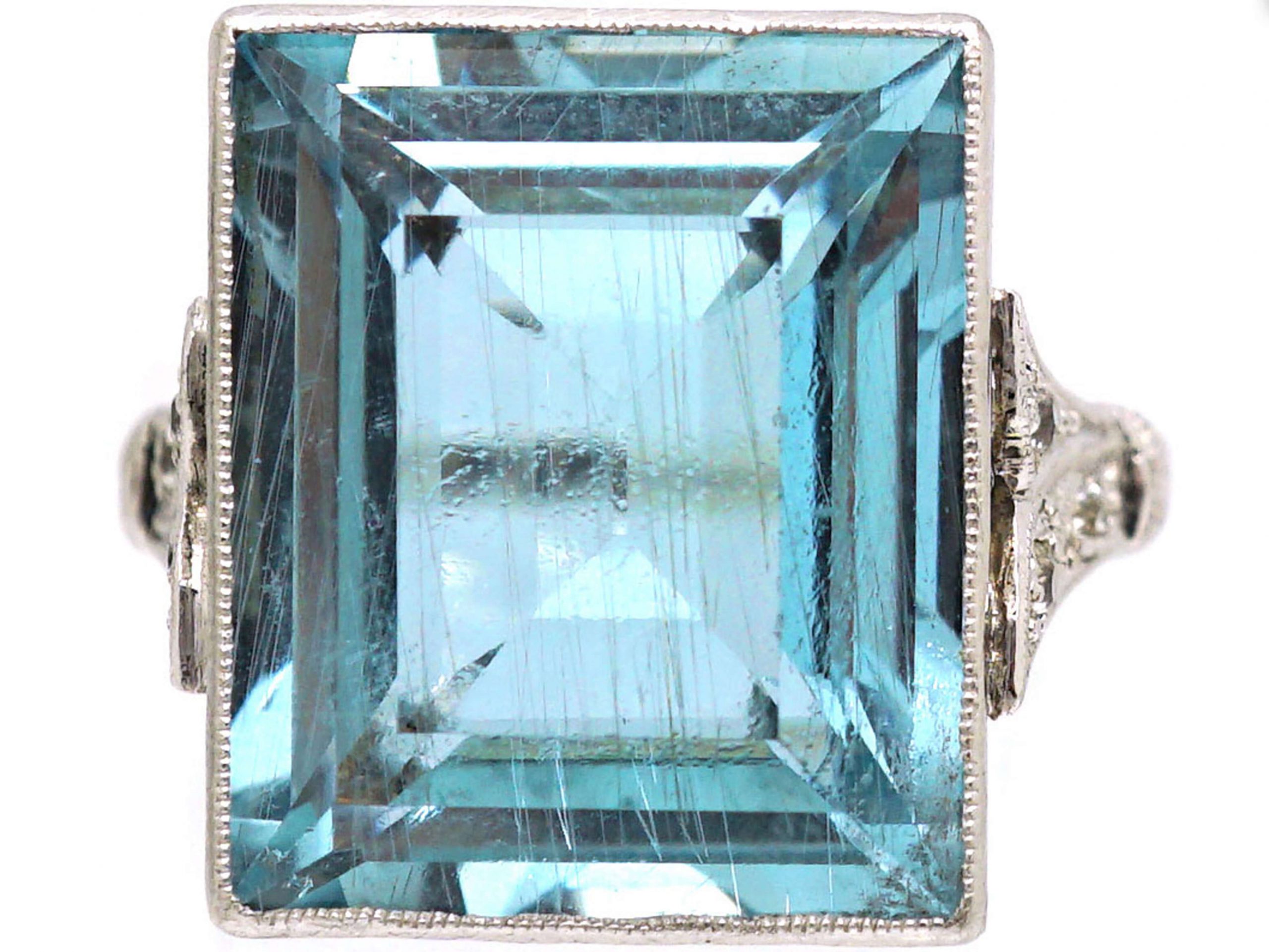 Retro 18ct White Gold, Large Aquamarine Ring with Diamond Set Shoulders (819T) | The Antique ...