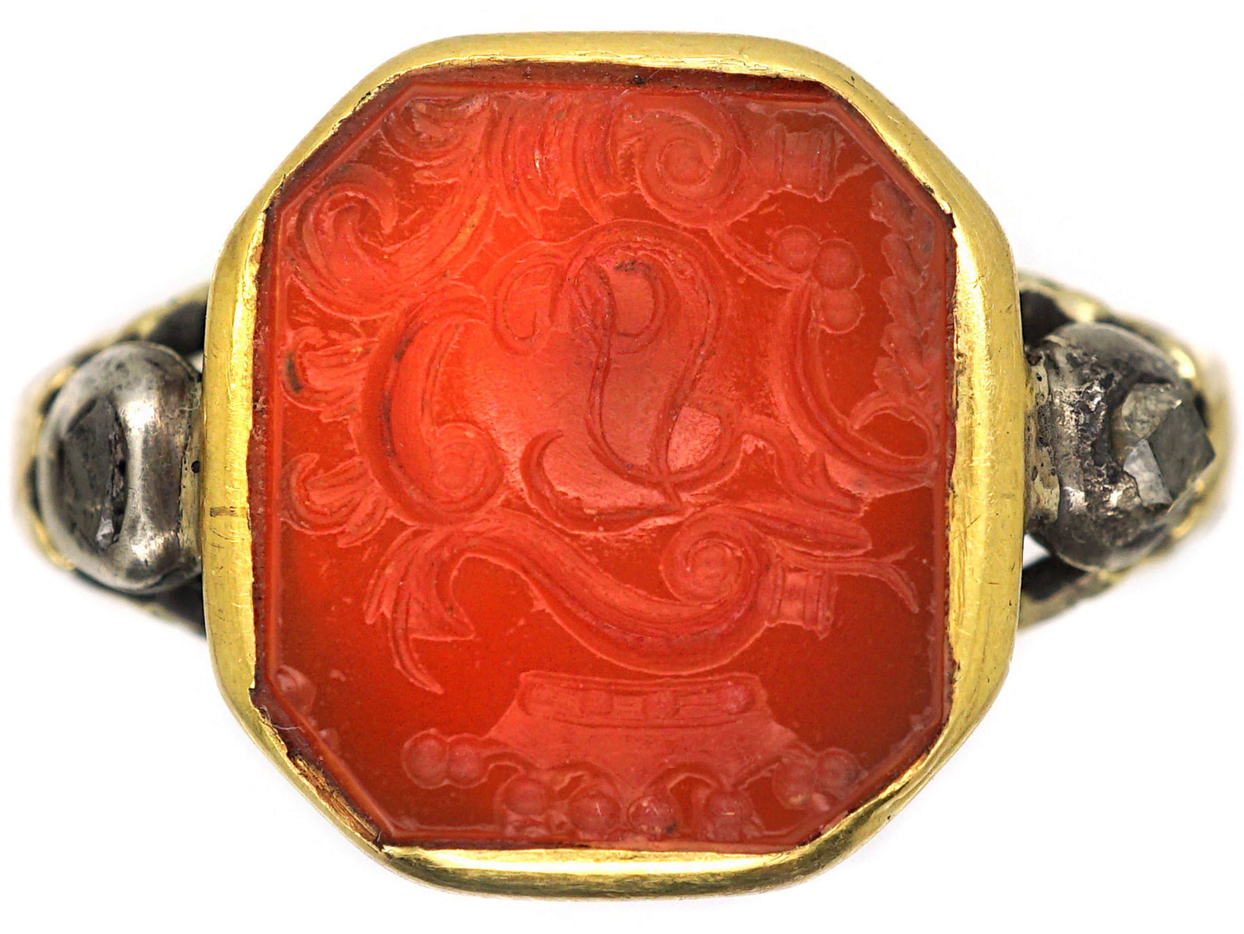Early 18th Century Gold & Diamond Armorial Ring set with a Carnelian ...