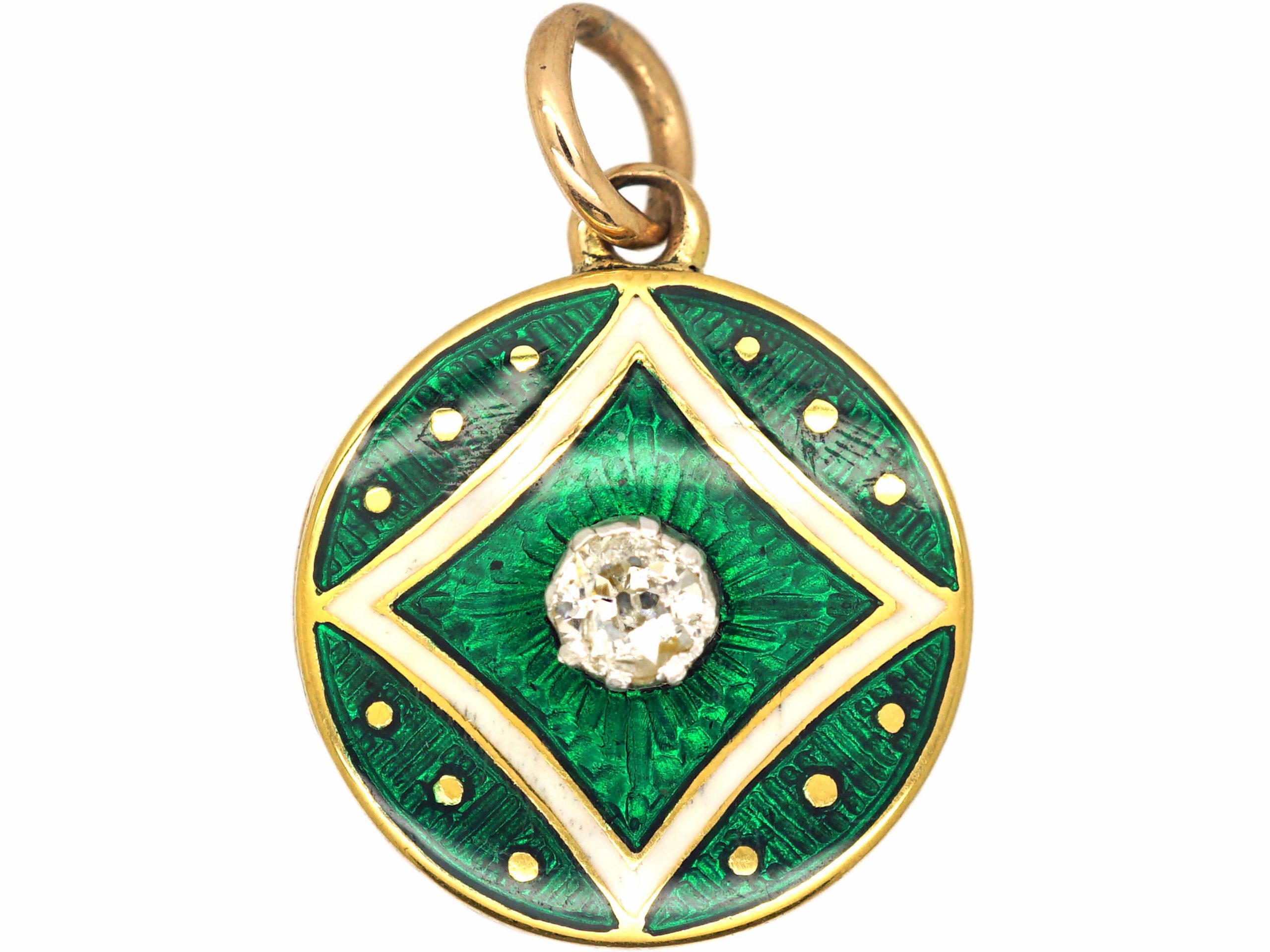 Edwardian 15ct Gold Round Green & White Enamel Locket set with a ...