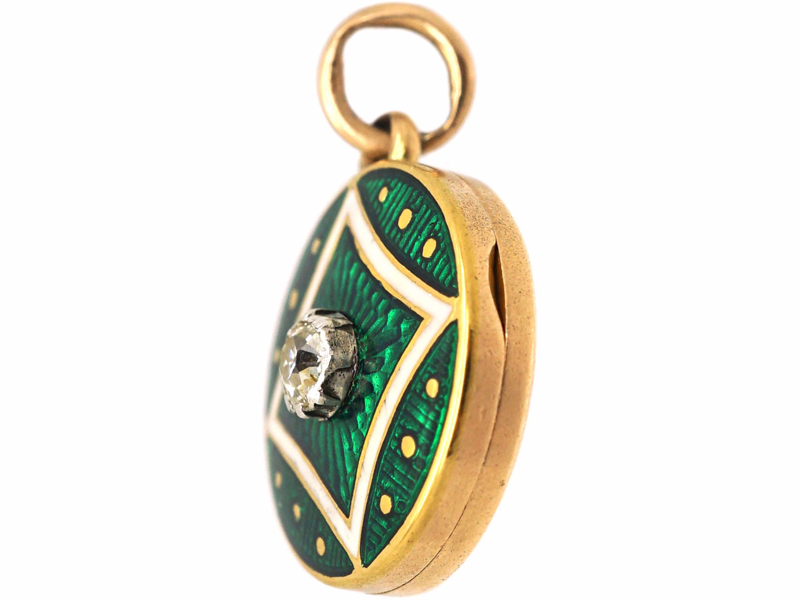 Edwardian 15ct Gold Round Green & White Enamel Locket set with a ...