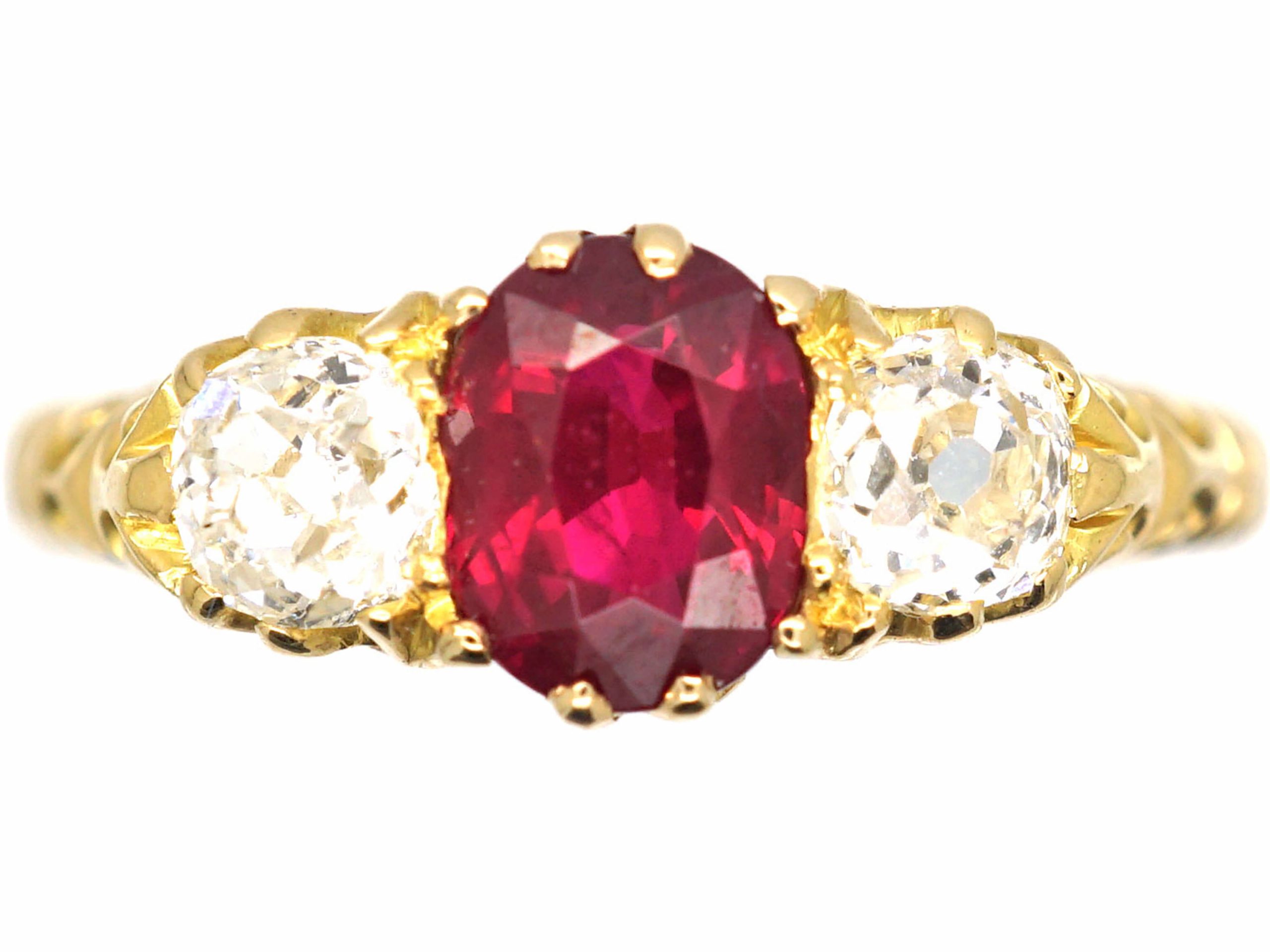 Edwardian 18ct Gold Three Stone Ruby & Diamond Carved Half Hoop Ring ...