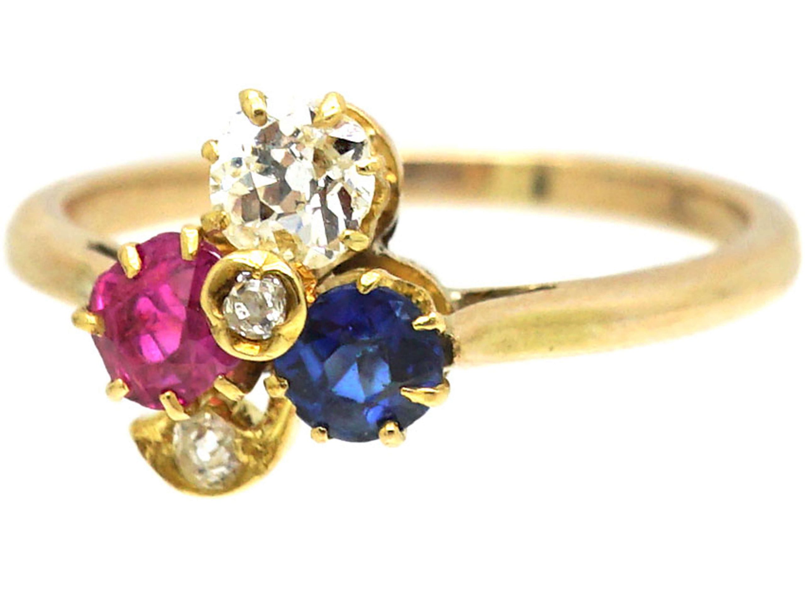 Edwardian 18ct Gold Trefoil Ring set with a Sapphire, Ruby & Diamonds ...