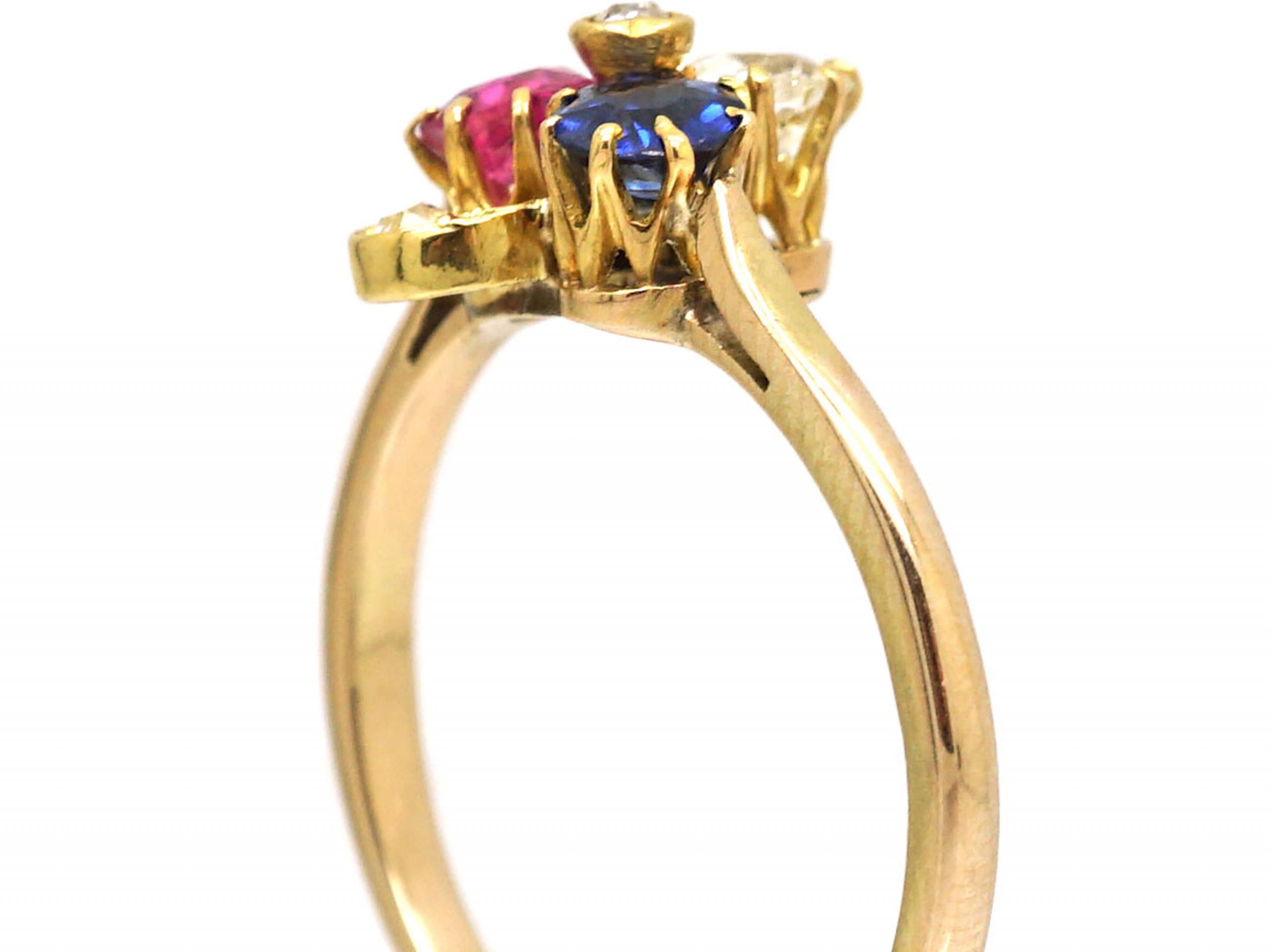 Edwardian 18ct Gold Trefoil Ring set with a Sapphire, Ruby & Diamonds ...